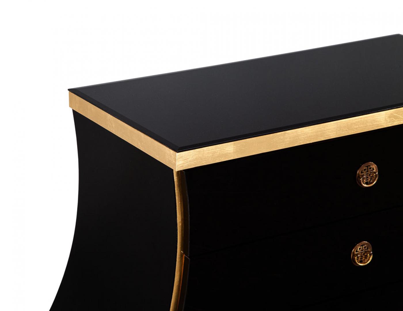 Hollywood Regency Black Glass and Gold Leaf Curved Commode