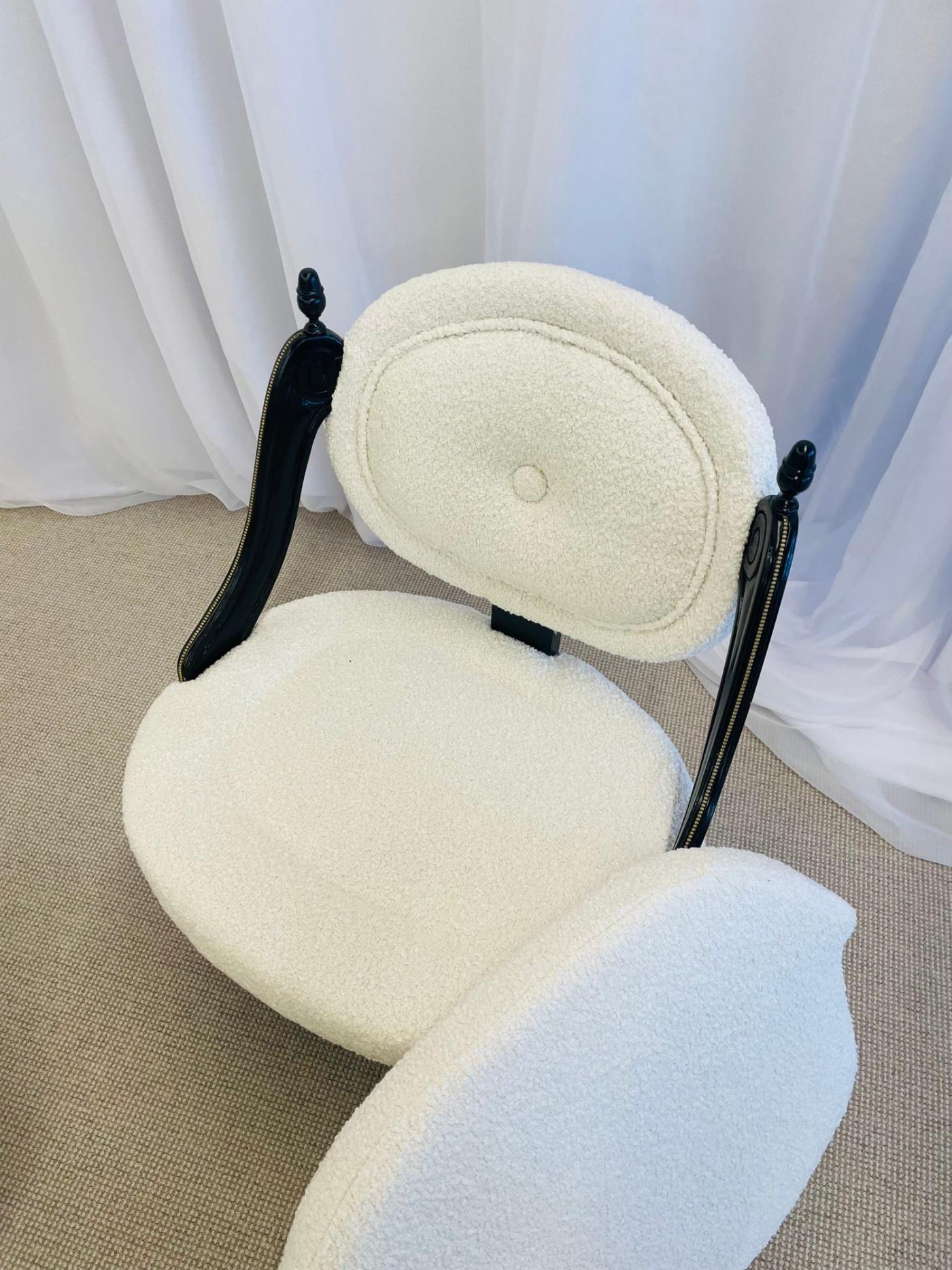 Hollywood Regency Ebony Boudoir, Fauteuil Chairs, New Boucle, Bronze, Jansen