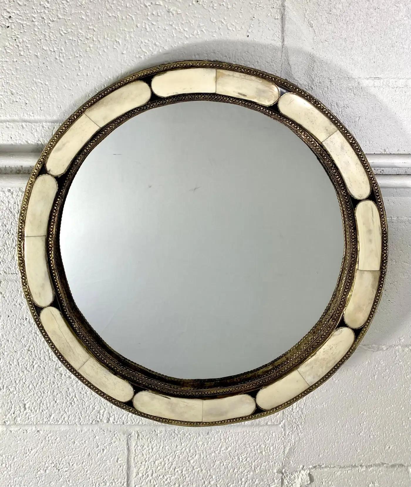 Hollywood Regency Style White Frame & Brass Filigree Inlay Mirror, a Pair