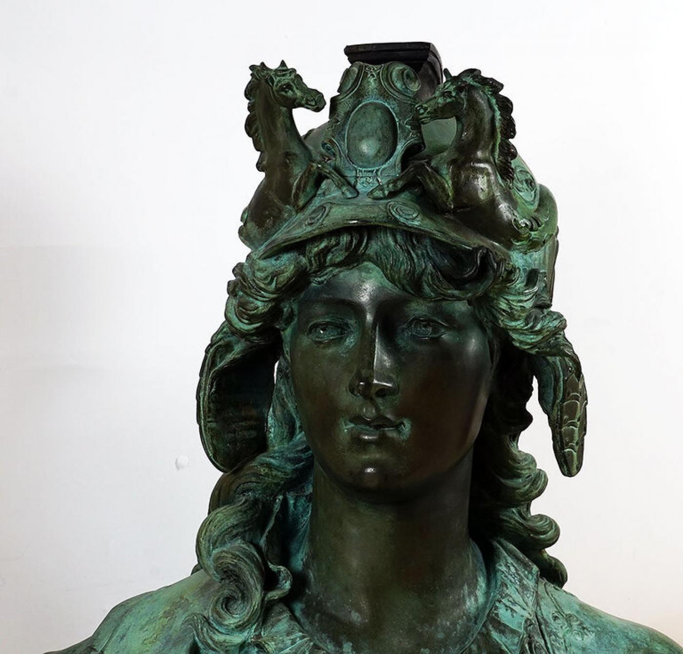 IMPORTANT PAIR OF PATINATED CAST BRONZE SCULPTURES OF BELLONA AND MINERVA