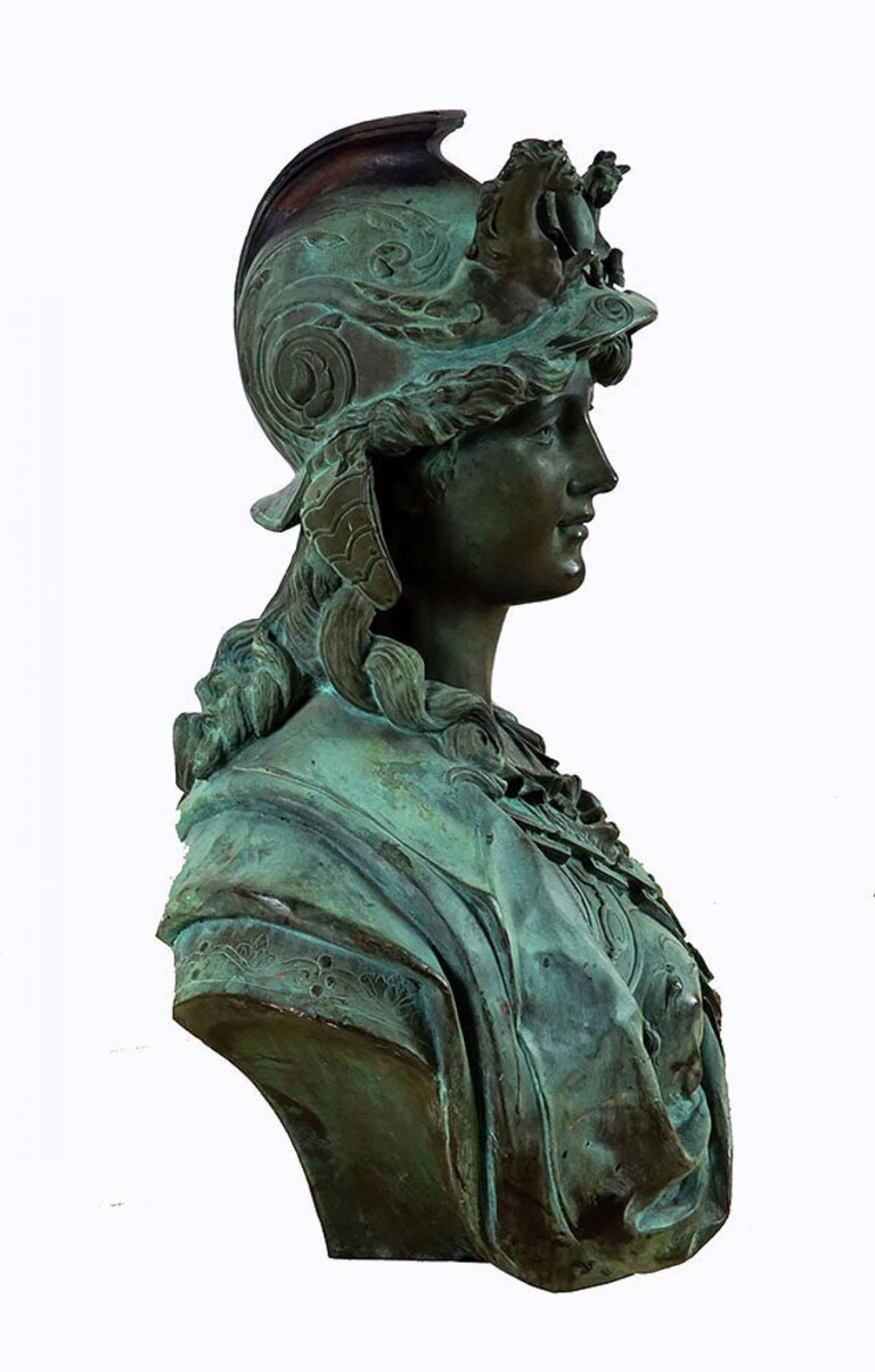 IMPORTANT PAIR OF PATINATED CAST BRONZE SCULPTURES OF BELLONA AND MINERVA