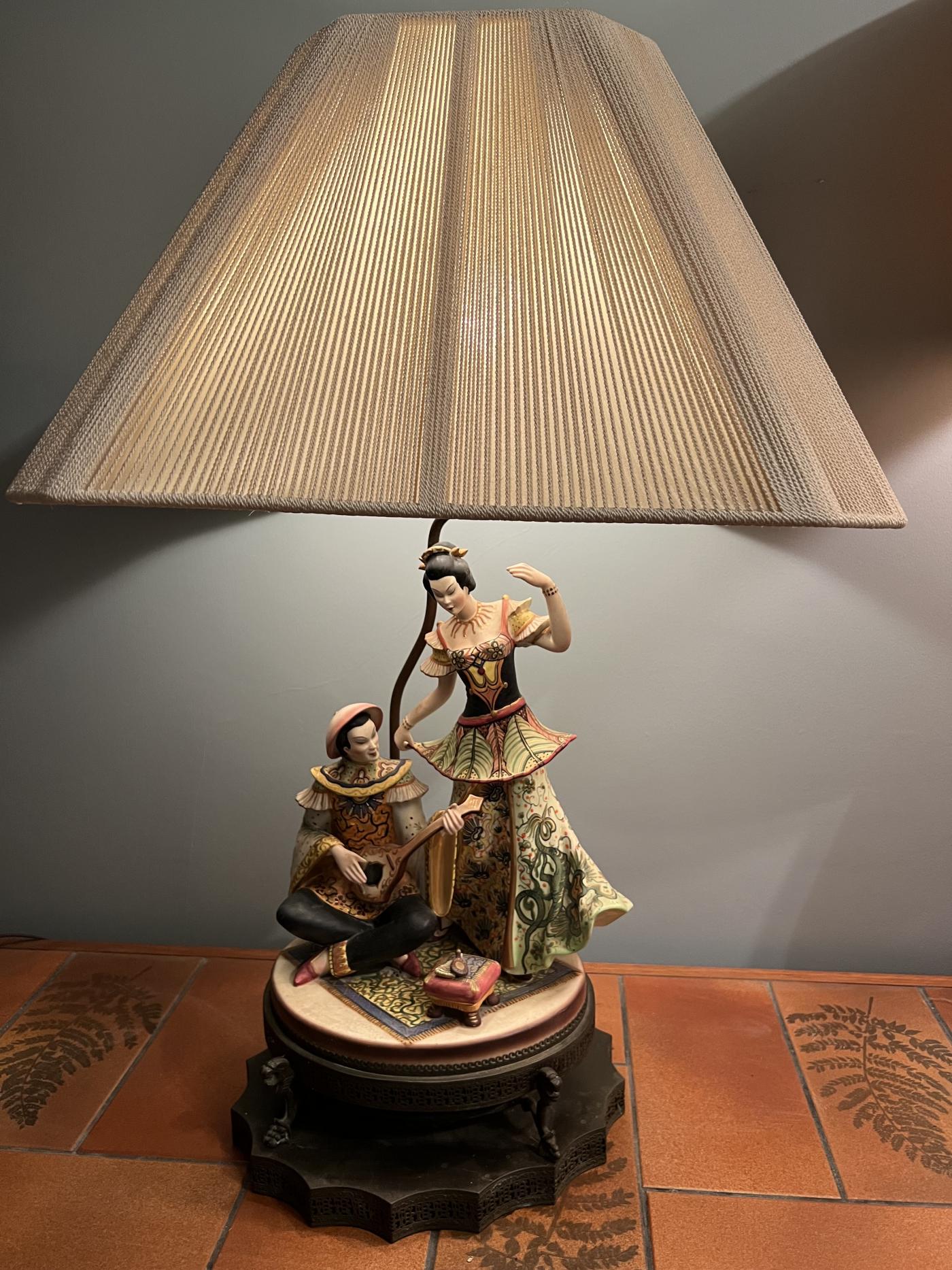 ITALIAN CHINESE DANCER AND MANDOLIN PLAYING MAN CERAMIC LAMP