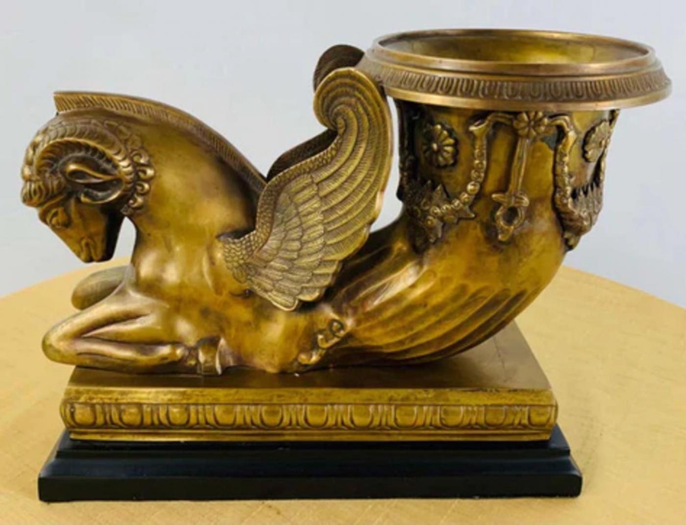 Indian Rhyton Shaped Brass Sculpture or Statue With Winged Ram
