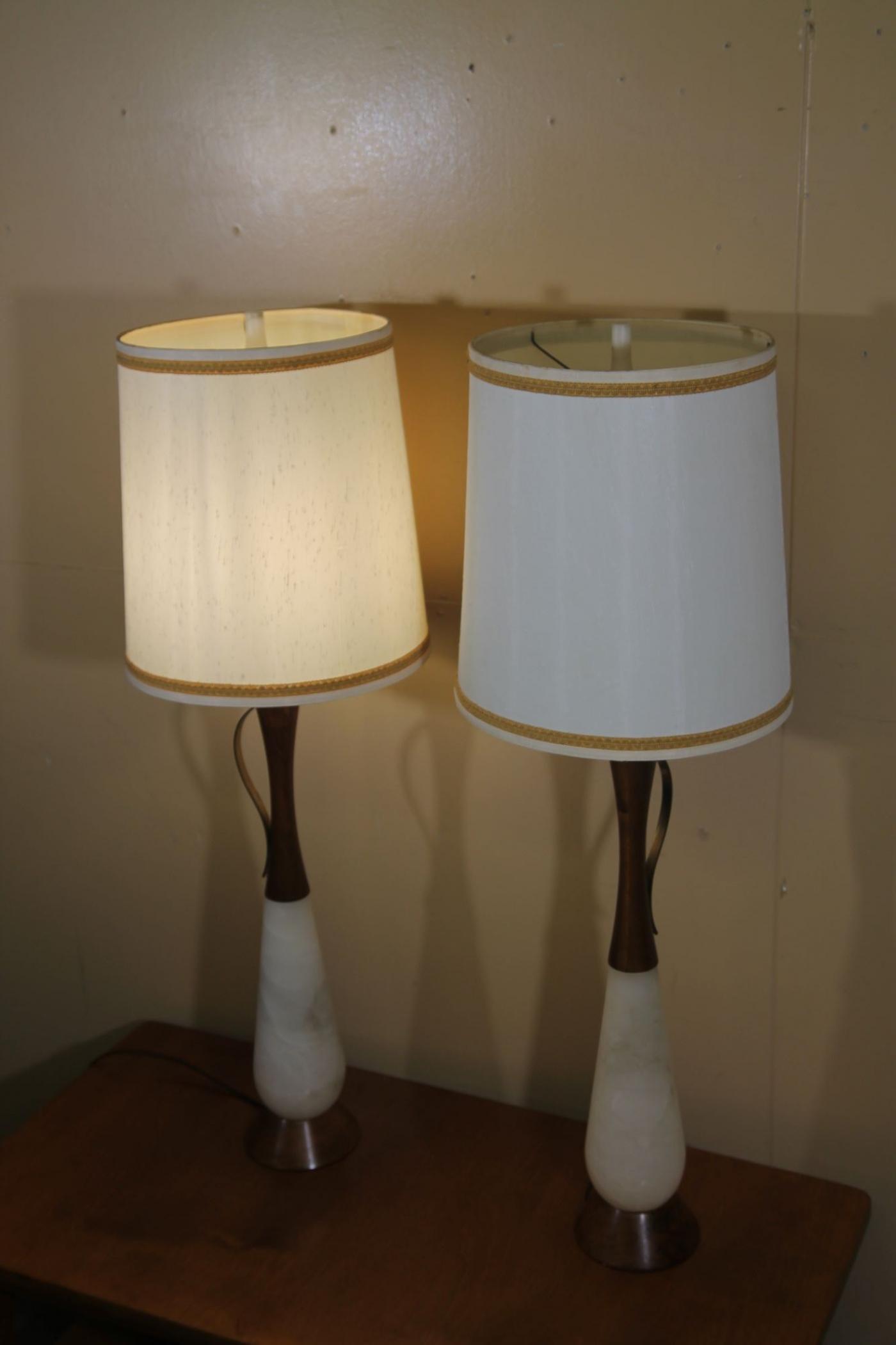 Italian Alabaster Lamps With Original Shades and Finials