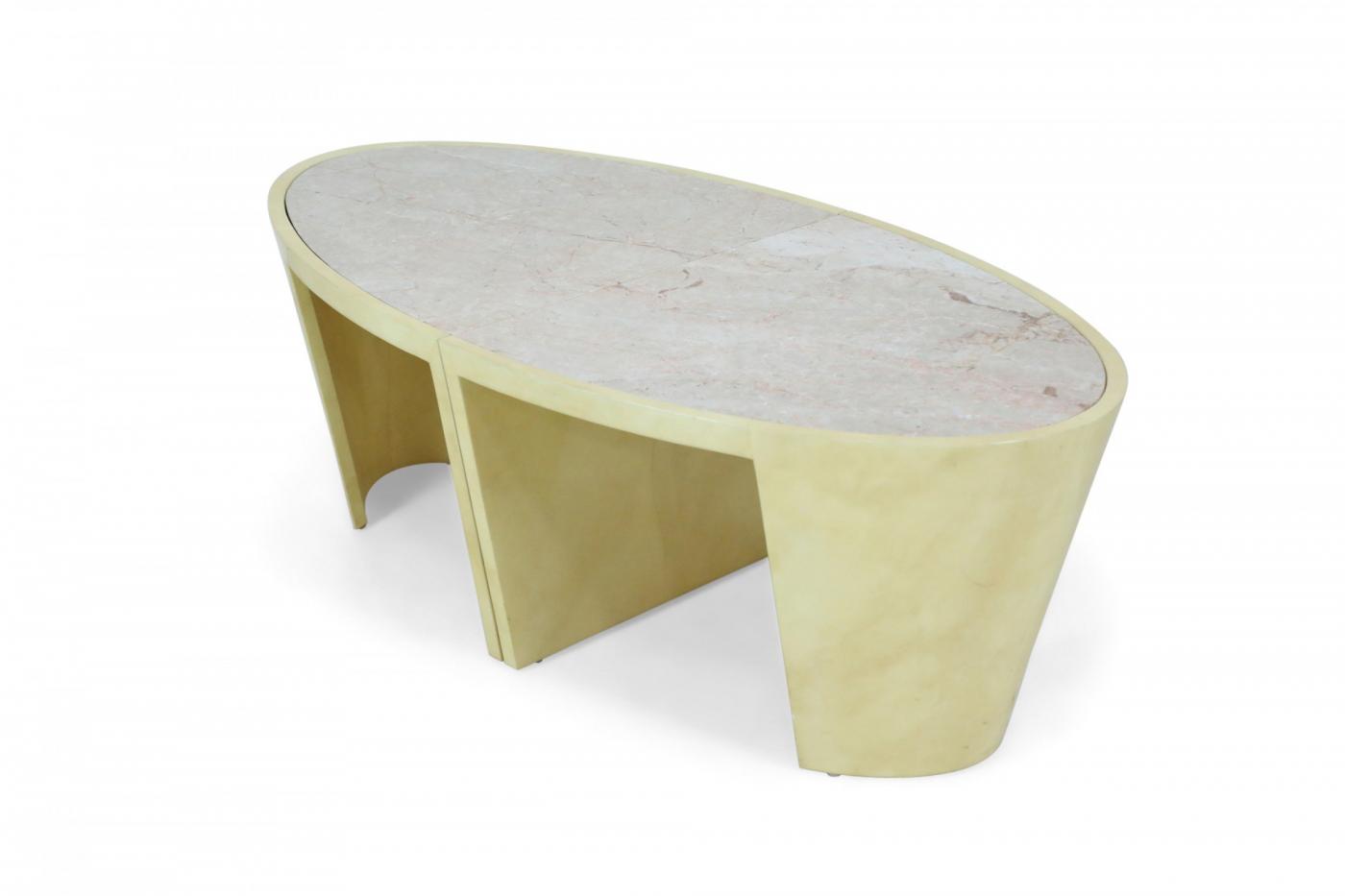Italian Contemporary Two-Piece Oval Parchment and Marble Coffee Table
