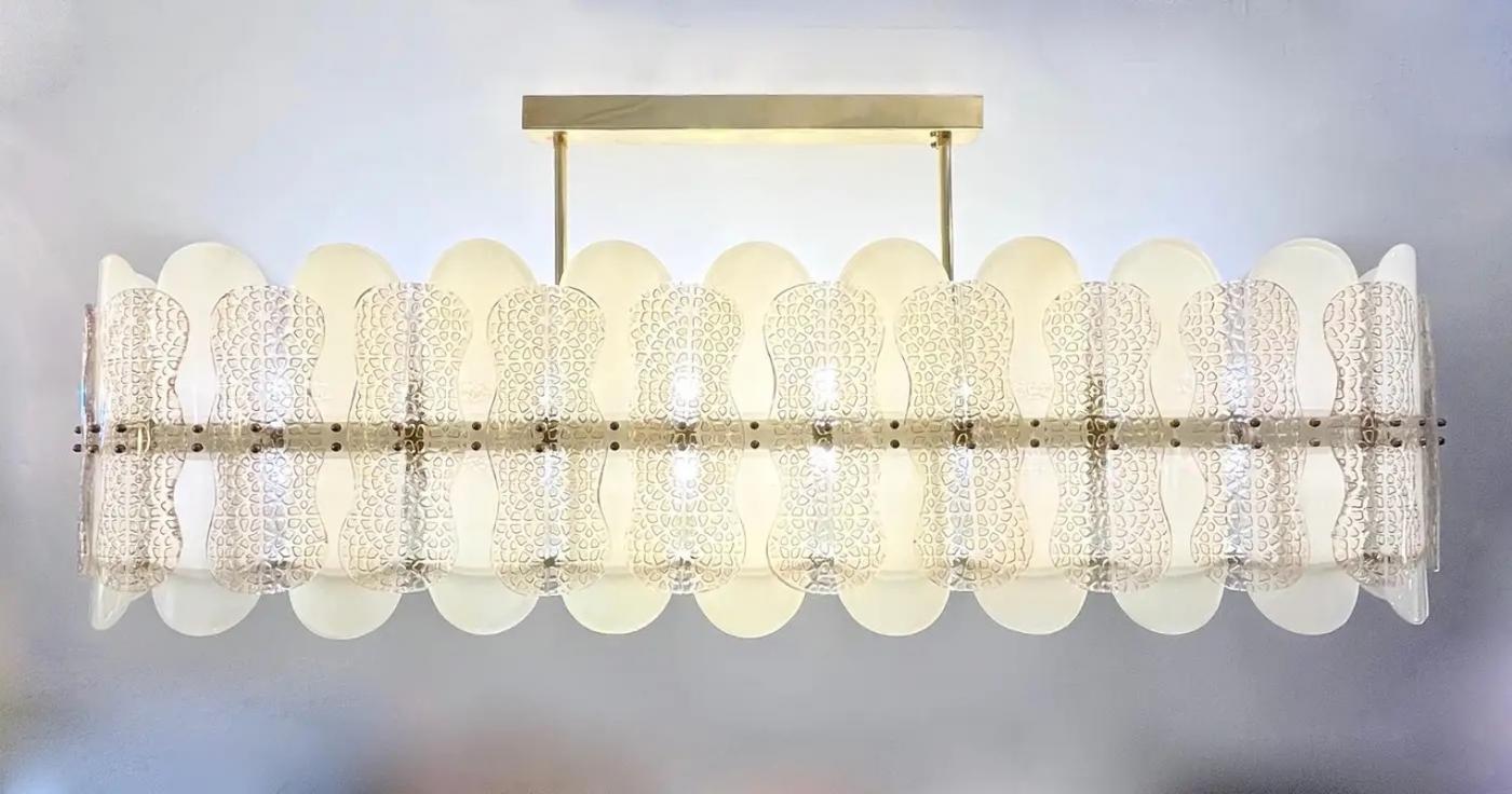 Italian Cream Ivory Crystal Gold Texture Murano Glass Oval Brass Chandelier