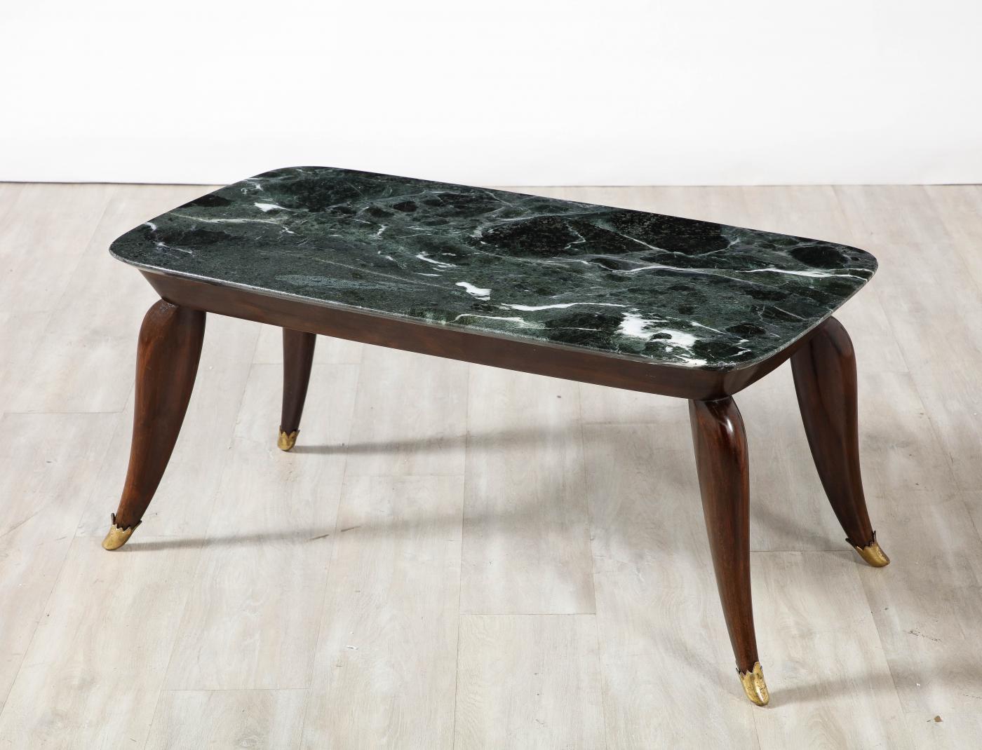 Italian Florentine Walnut and Verdi Alpi Marble Coffee Table, circa 1940