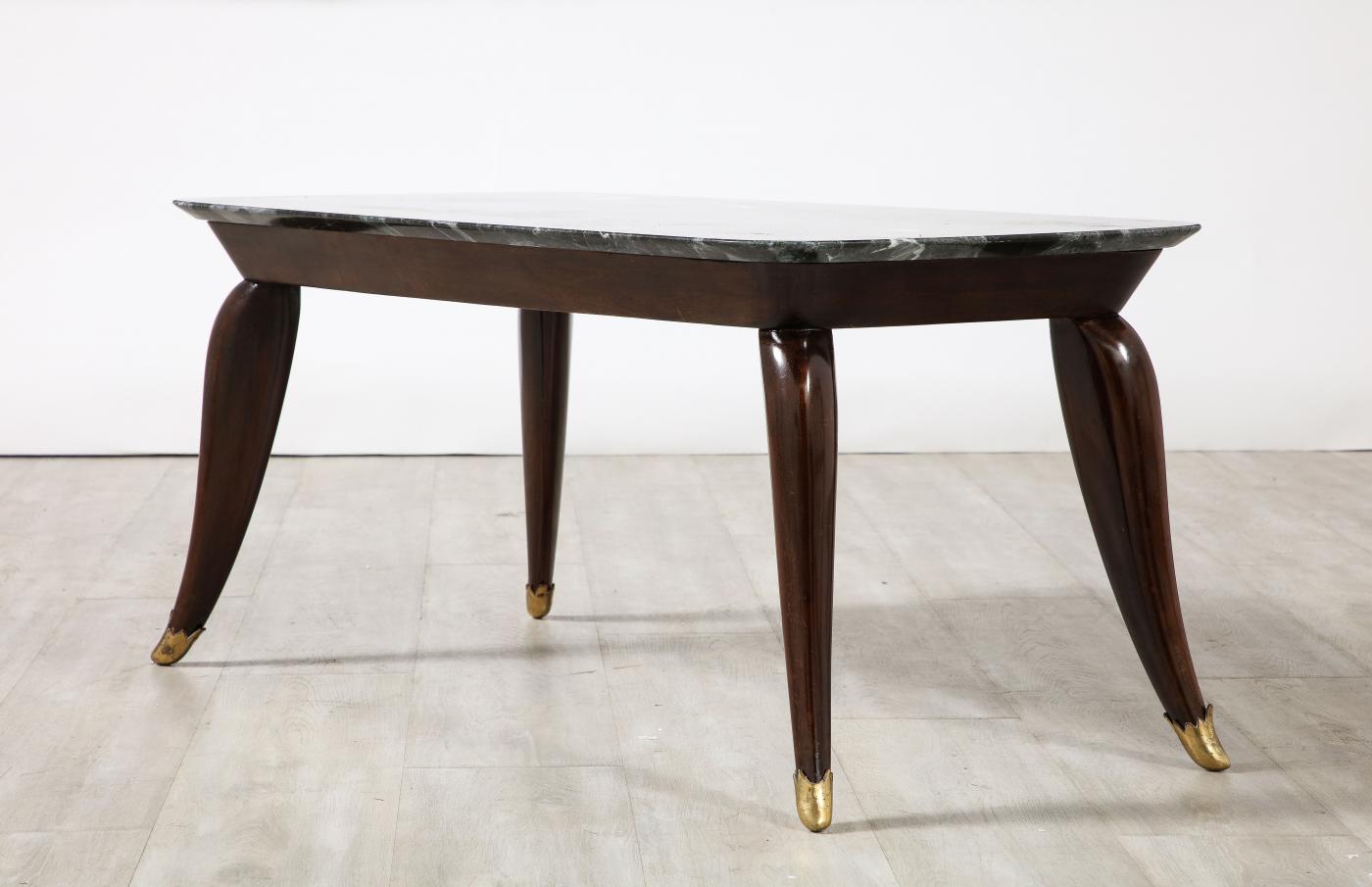 Italian Florentine Walnut and Verdi Alpi Marble Coffee Table, circa 1940