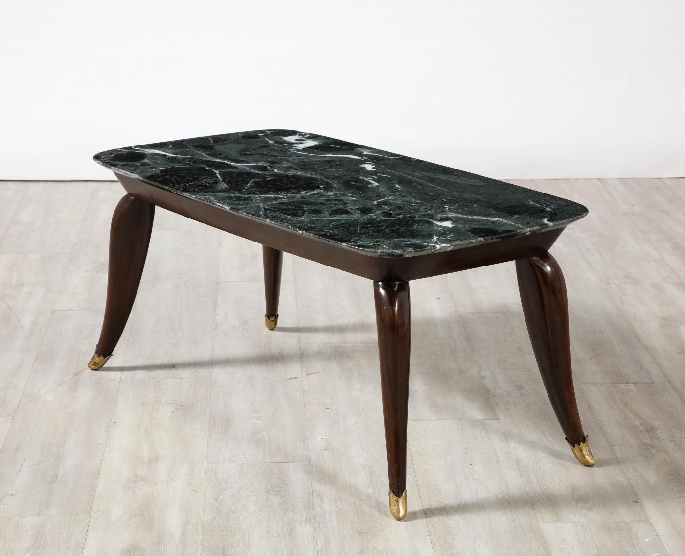 Italian Florentine Walnut and Verdi Alpi Marble Coffee Table, circa 1940