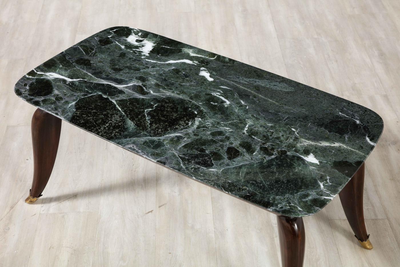 Italian Florentine Walnut and Verdi Alpi Marble Coffee Table, circa 1940