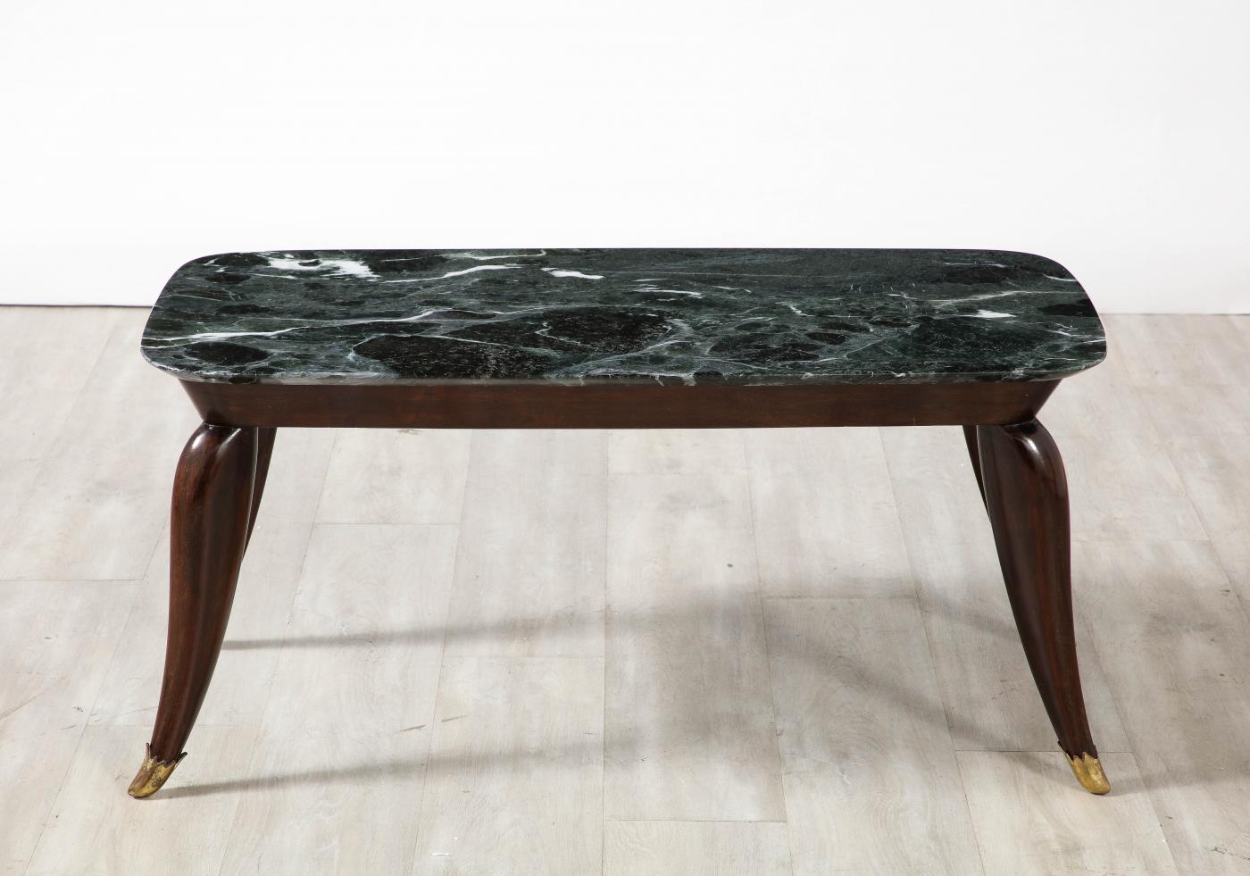 Italian Florentine Walnut and Verdi Alpi Marble Coffee Table, circa 1940