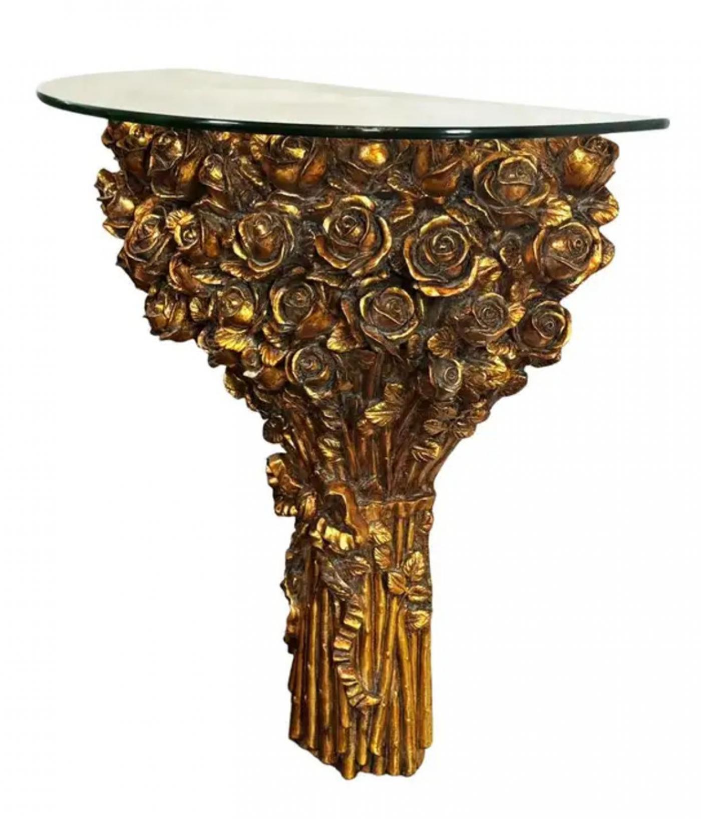 Italian Hollywood Regency Gold Floral Wall Mounted Console Table or Shelf
