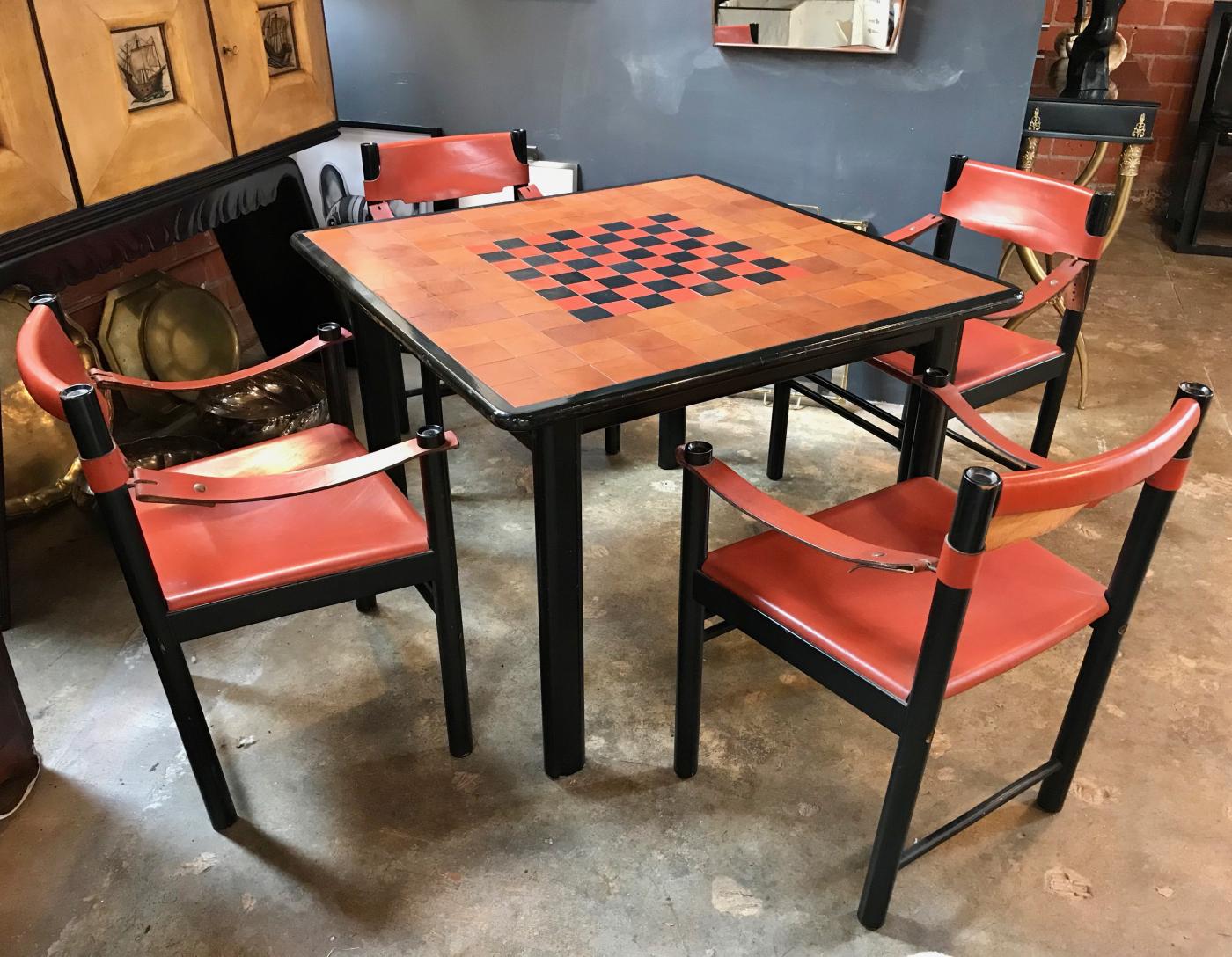 Italian Leather Game Dining Table with Set Black Chairs in Brown ...