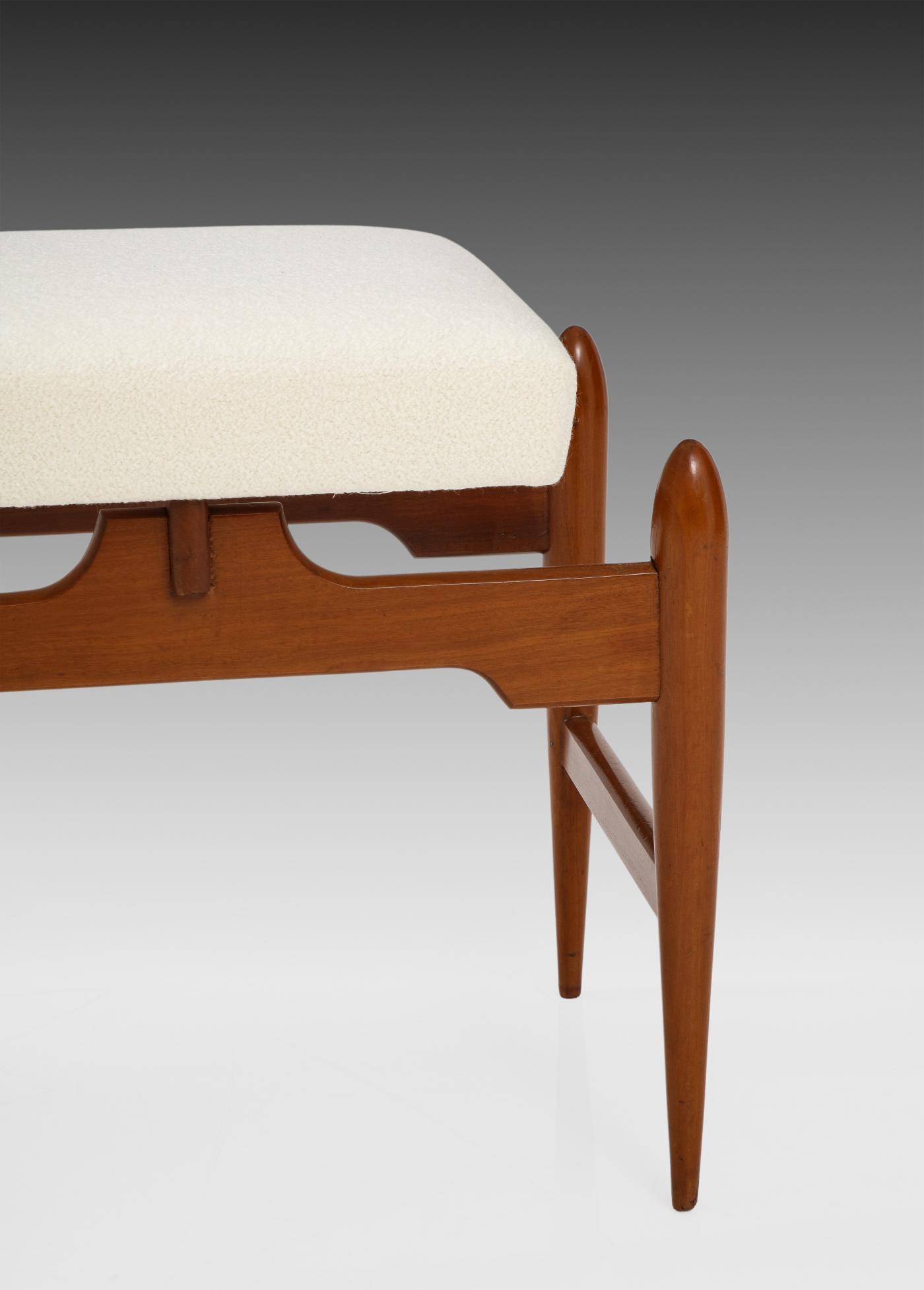 Italian Modernist Walnut and Ivory Bouclé Bench