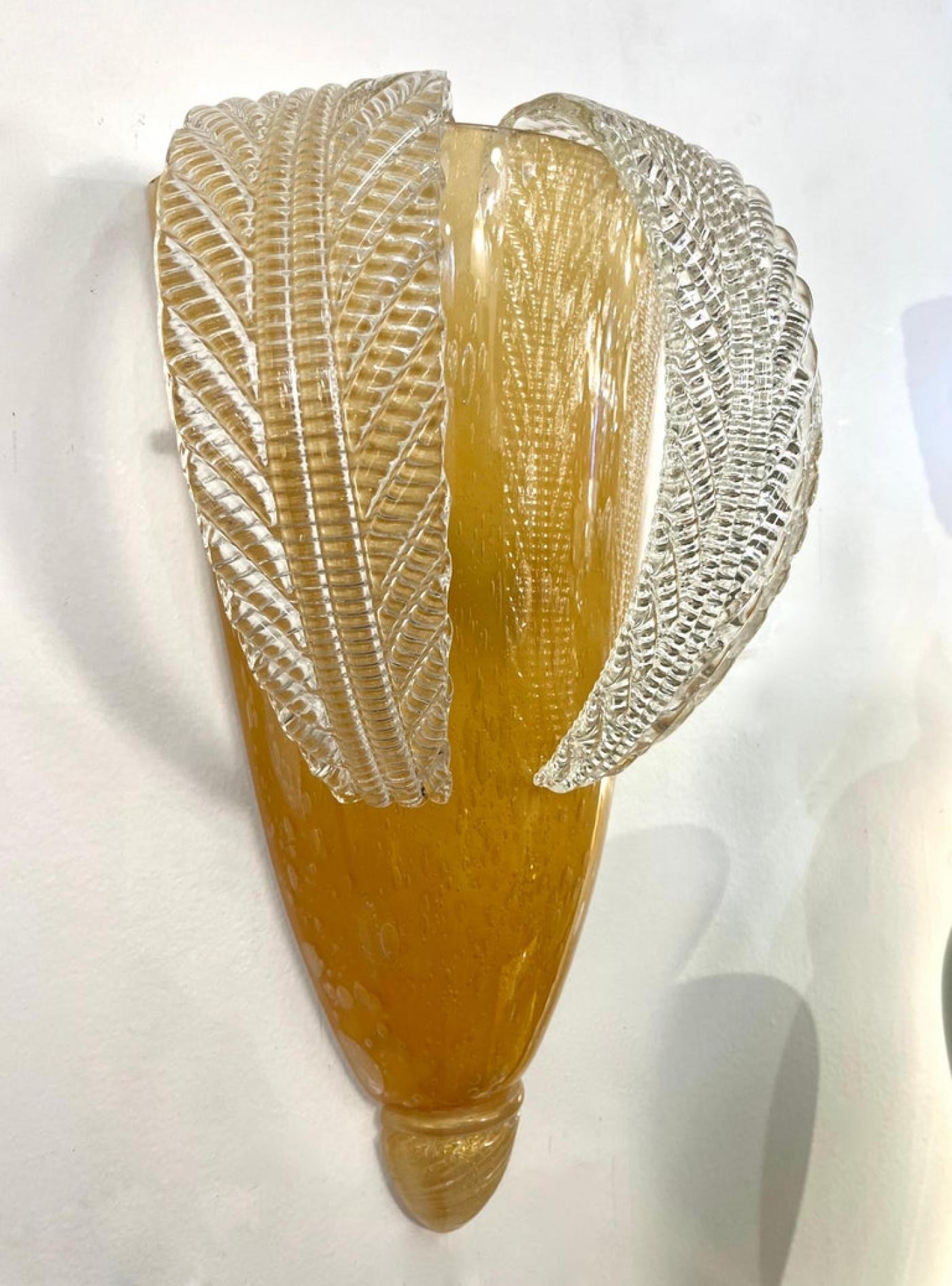 Italian Vintage Pair of Sconces in Amber Gold Glass with Hanging ...