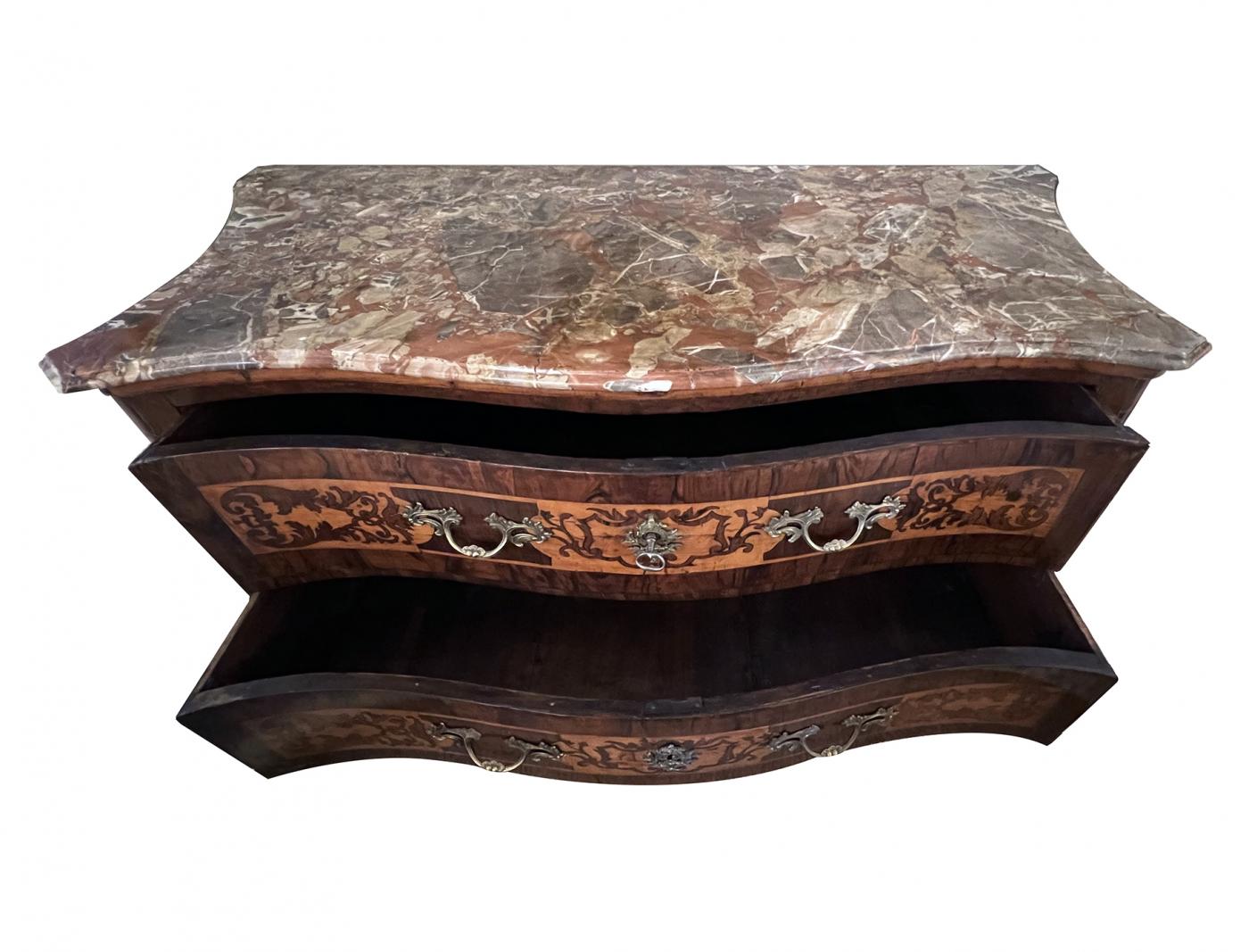 Italian rococo serpentine form 2-drawer inlaid chest with marble top