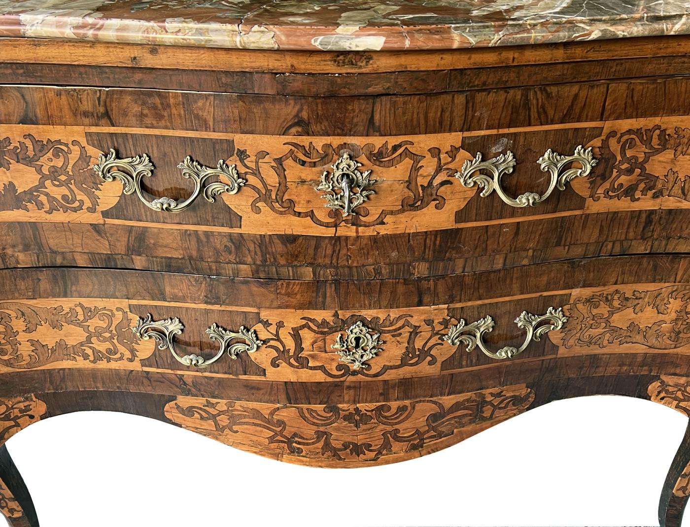 Italian rococo serpentine form 2-drawer inlaid chest with marble top