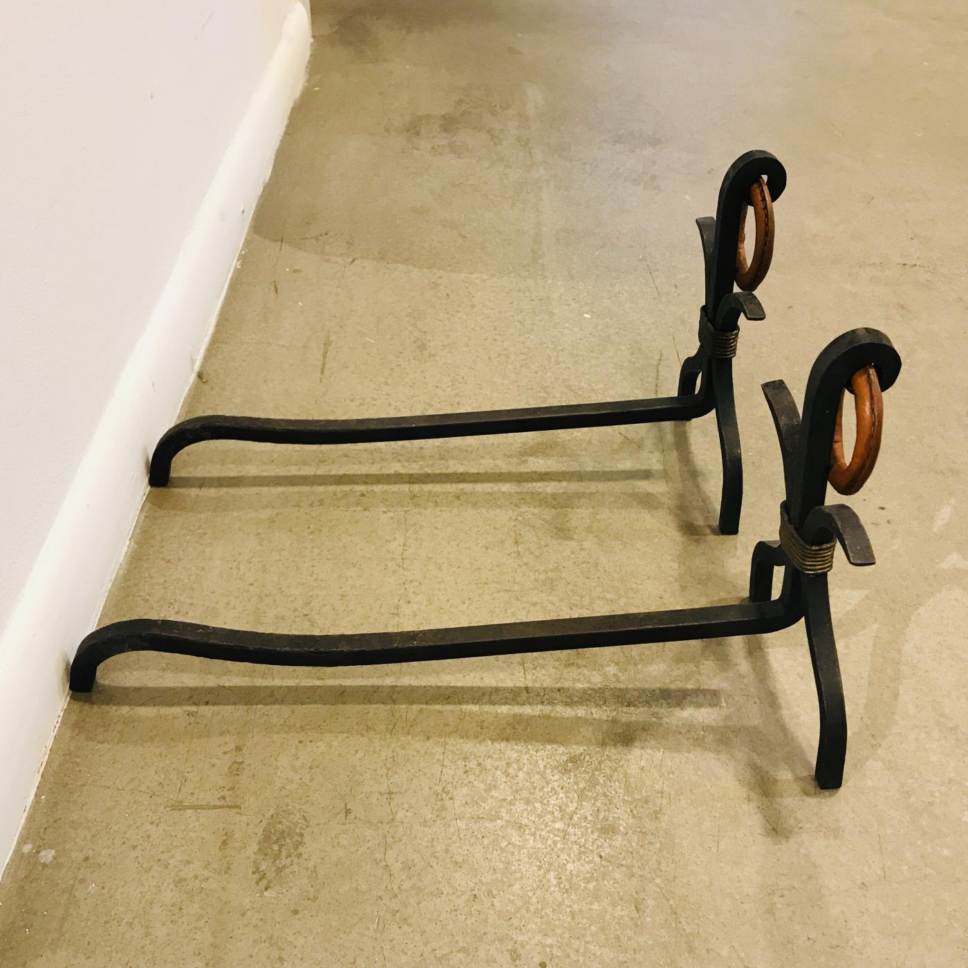 Jacques Adnet - 1950s Stitched Leather Andirons by Jacques Adnet