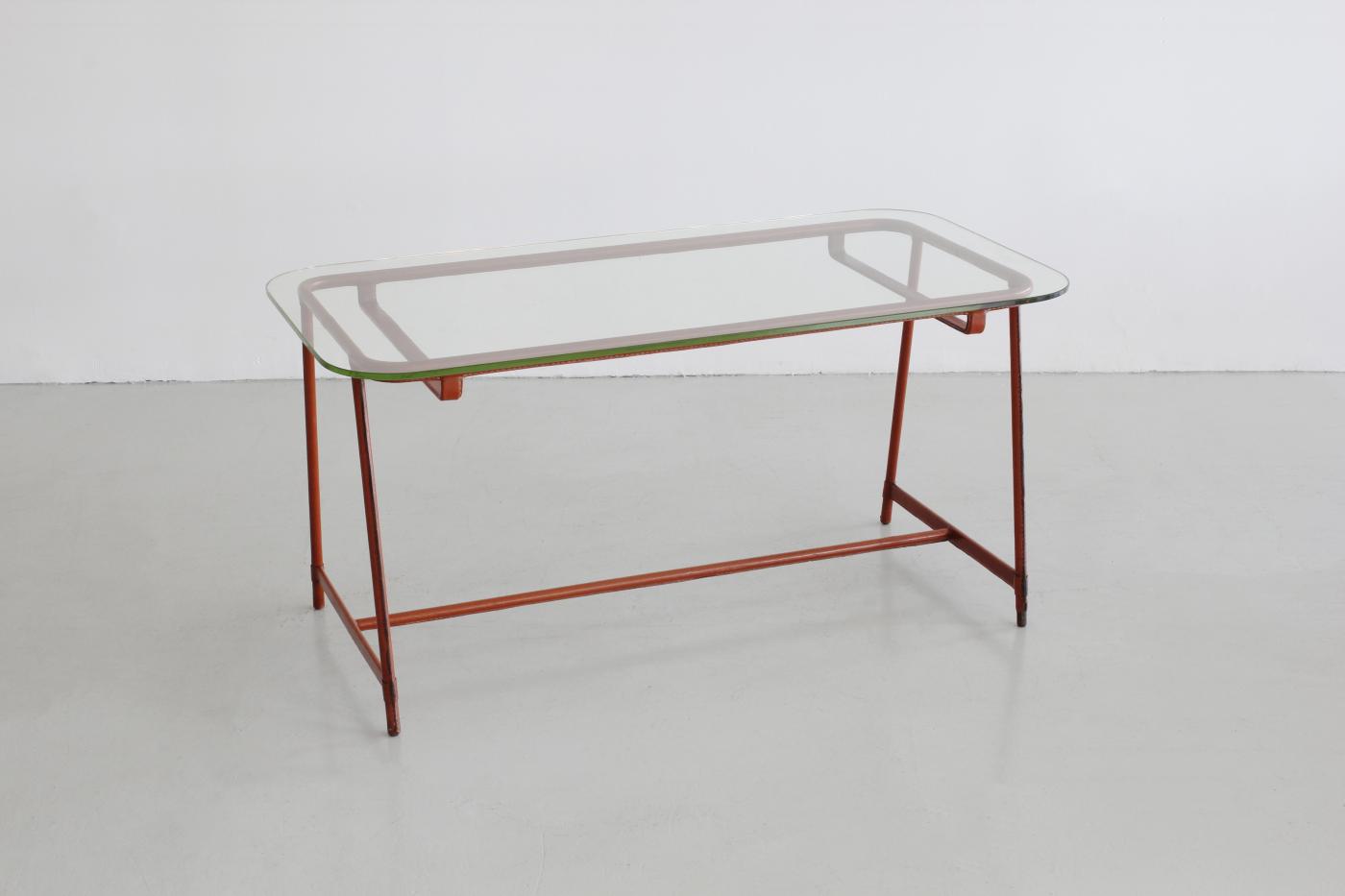 Jacques Adnet - JACQUES ADNET LEATHER AND GLASS COFFEE TABLE