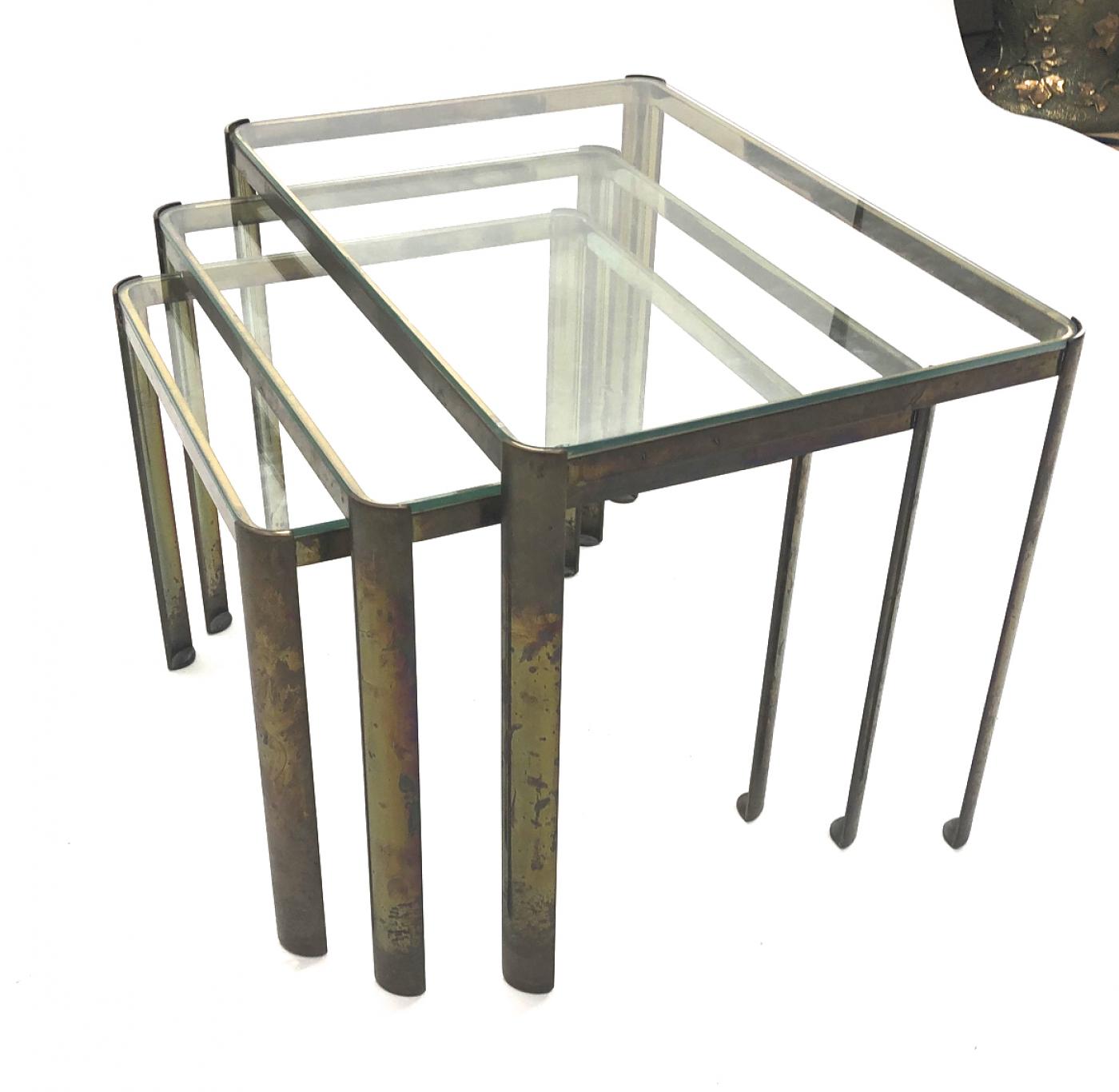 Jacques Quinet - Jacques Quinet Bronze and Glass 3 nesting table set