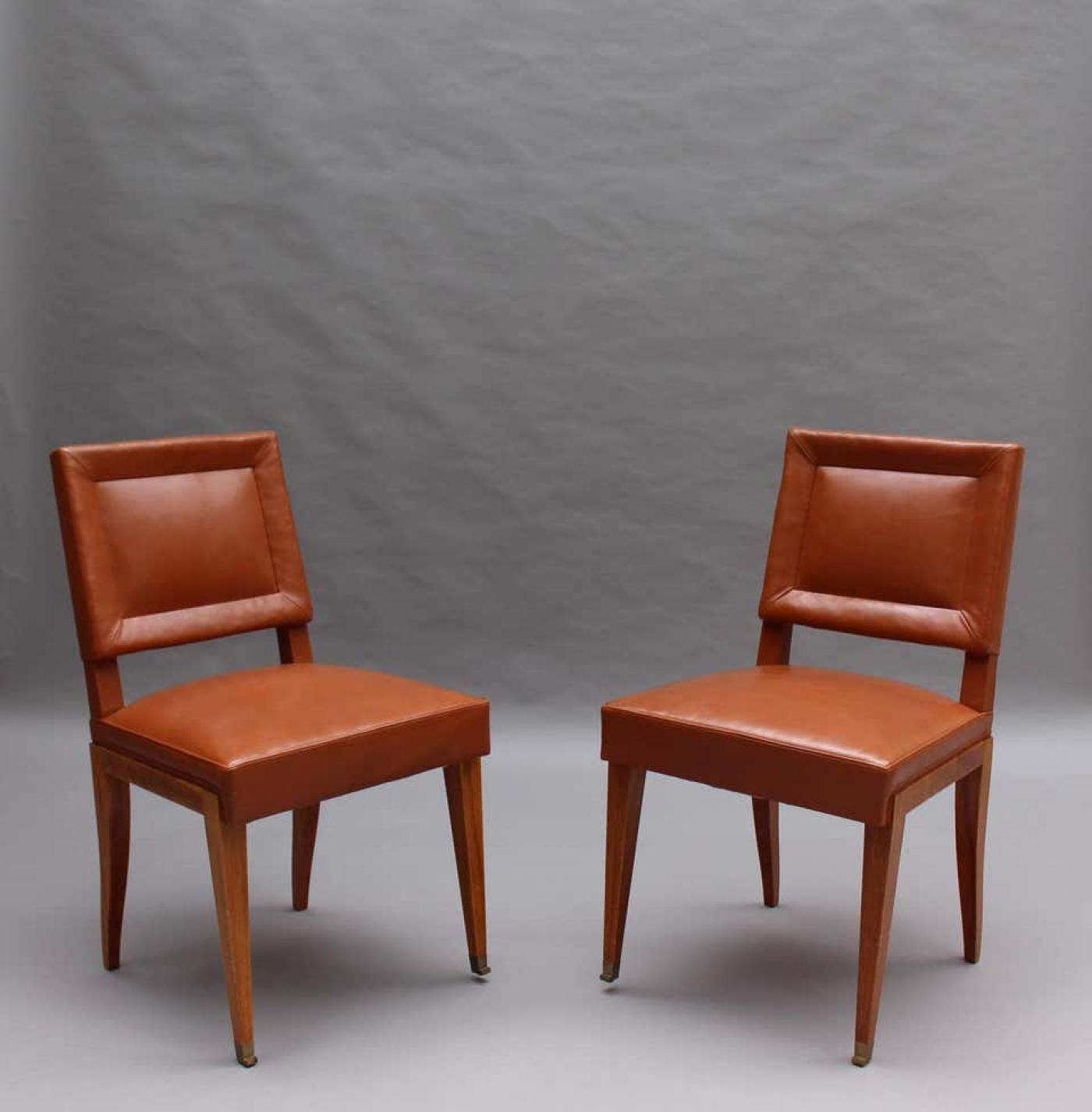Jacques Quinet - Rare Set of 10 Leather and Mahogany Chairs by Jacques ...