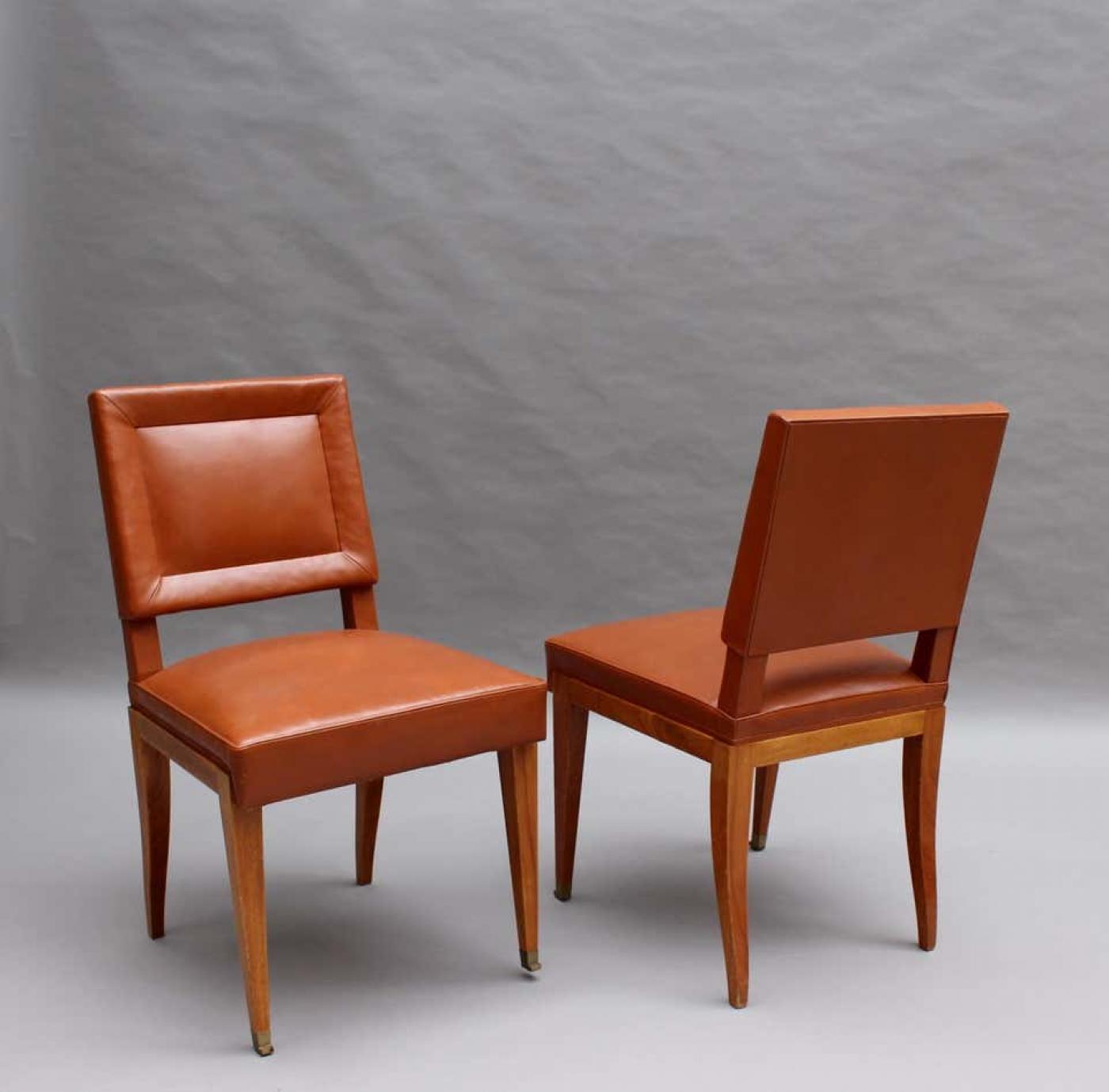 Jacques Quinet - Rare Set of 10 Leather and Mahogany Chairs by Jacques ...