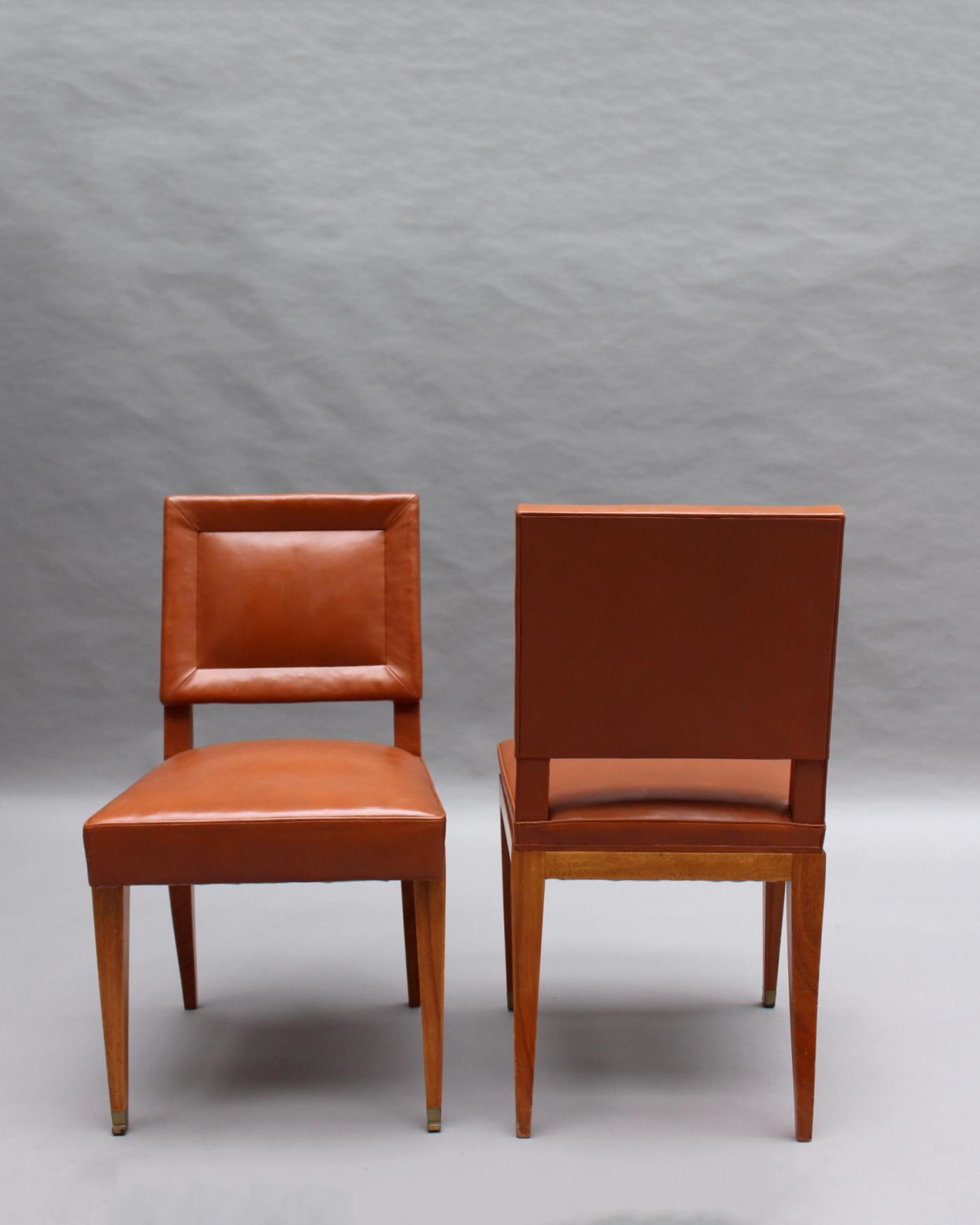 Jacques Quinet - Rare Set of 10 Leather and Mahogany Chairs by Jacques ...