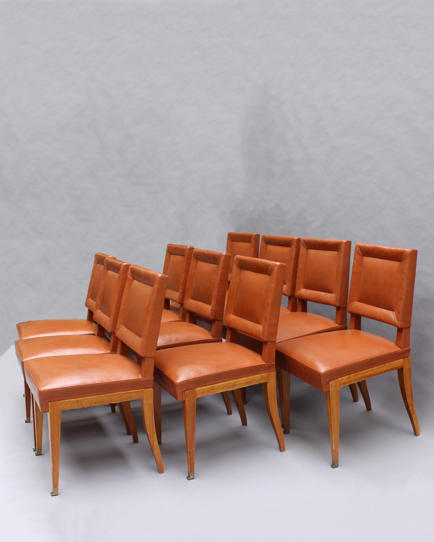 Jacques Quinet - Rare Set of 10 Leather and Mahogany Chairs by Jacques ...