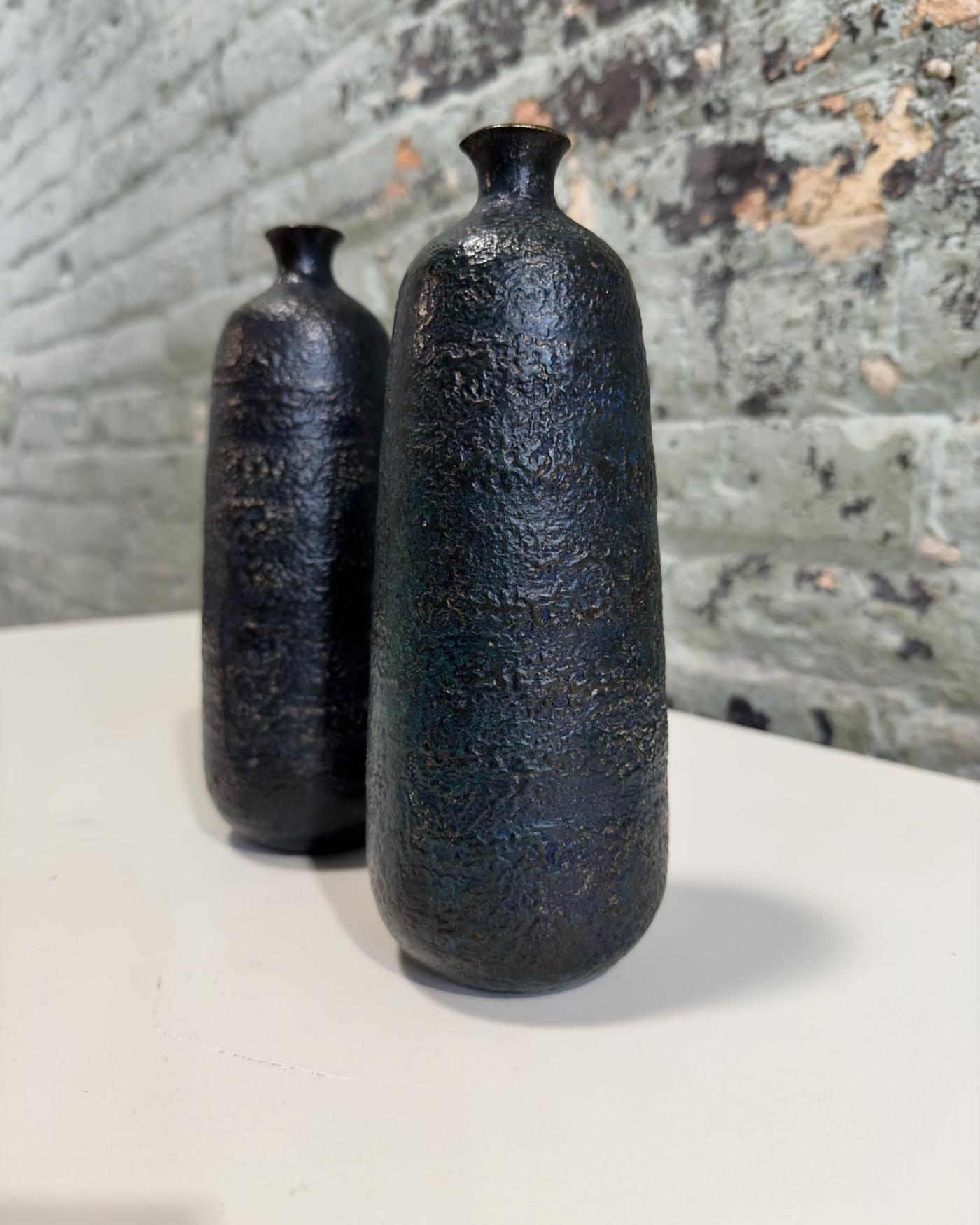 Japanese Craftsman Bronze Vases Black Volcanic Patinated Enamel, Japan ...