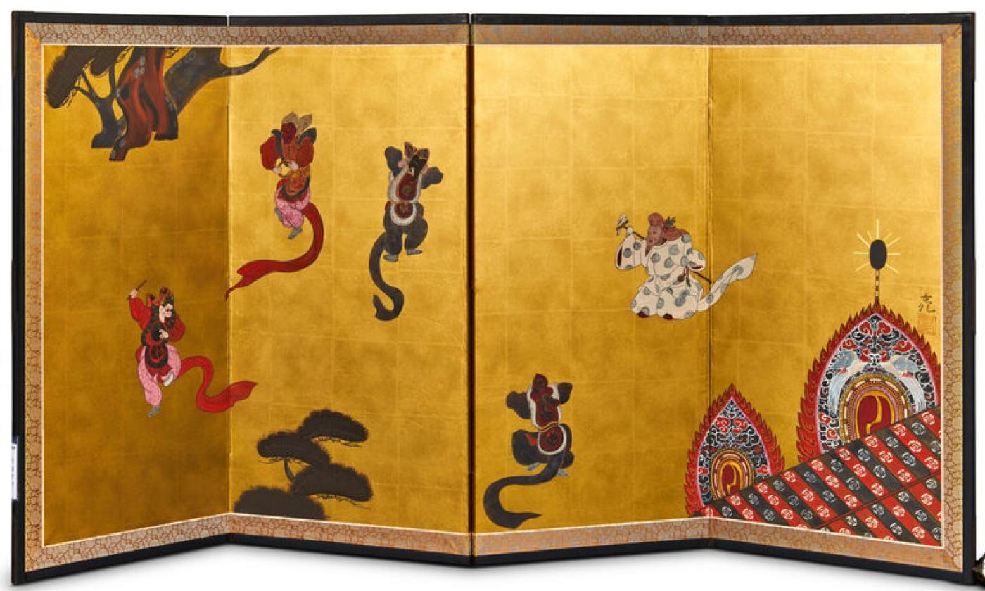 Japanese Four Panel Screen: Dancing Figures