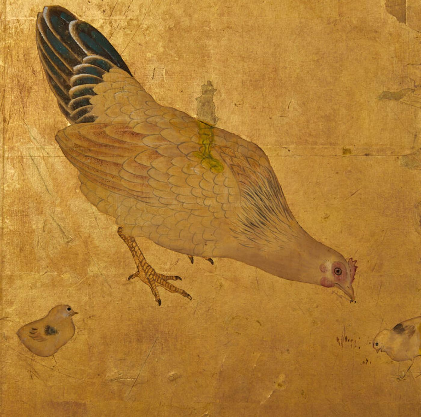 Japanese Four Panel Screen: Family of Chickens