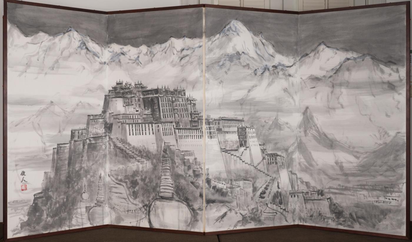 Japanese Four Panel Screen: Tibetan Mountain Monastery