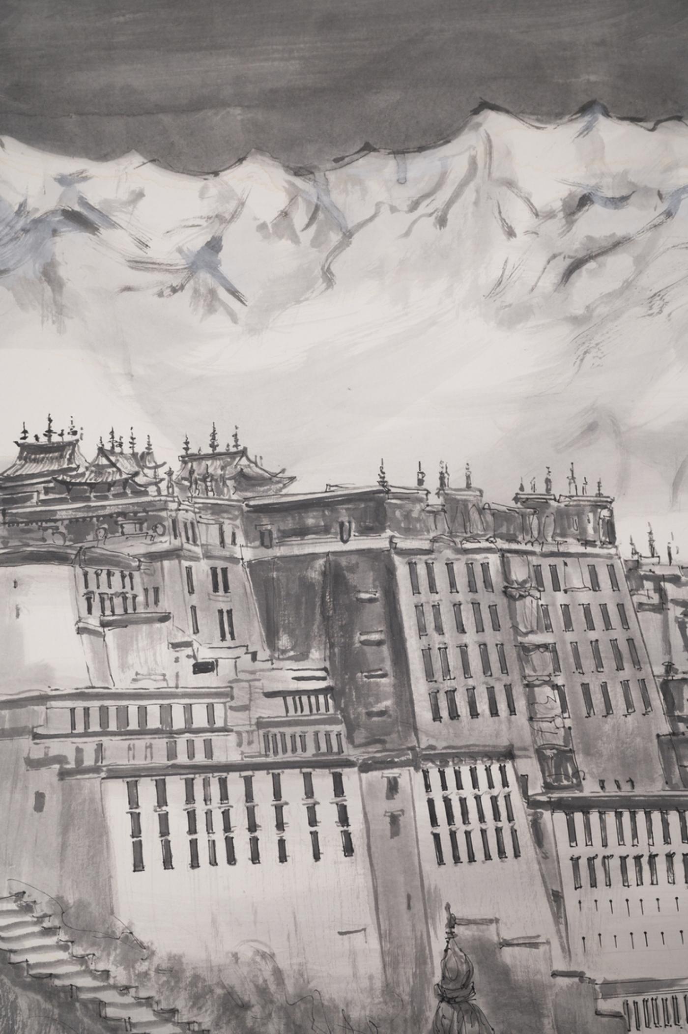 Japanese Four Panel Screen: Tibetan Mountain Monastery