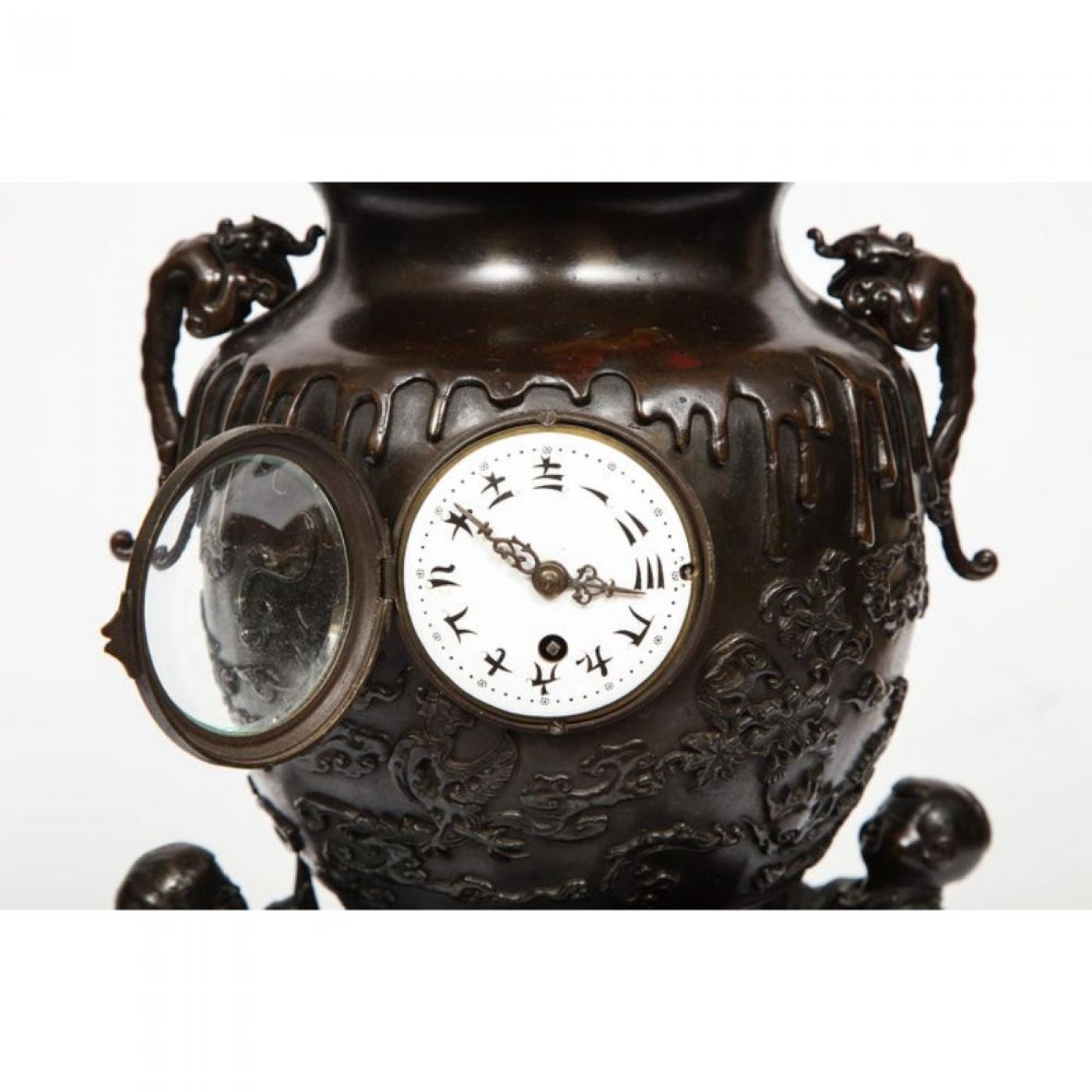 Japanese Patinated Bronze Figural Clock Vase, Meiji Period