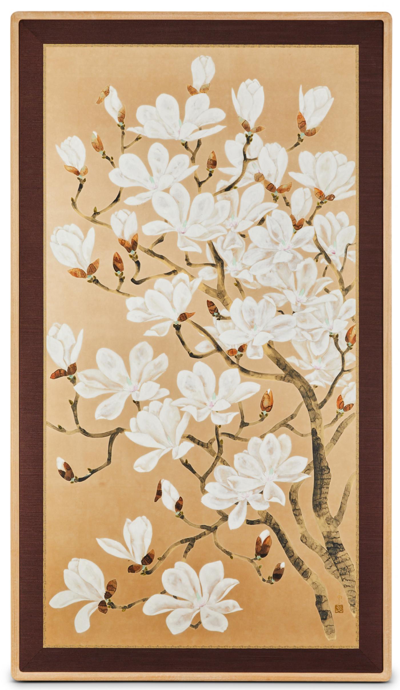 Japanese Single Panel Screen: Blooming Magnolia (Mokuren).