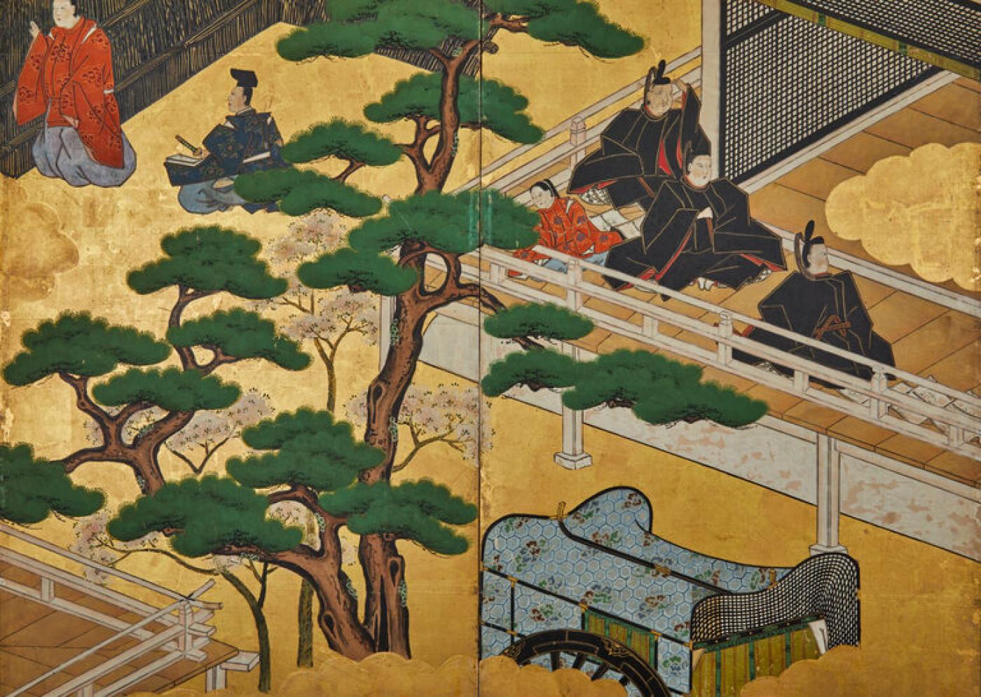 Japanese Six Panel Screen: Genji Court Scenes from the Tale of Genji