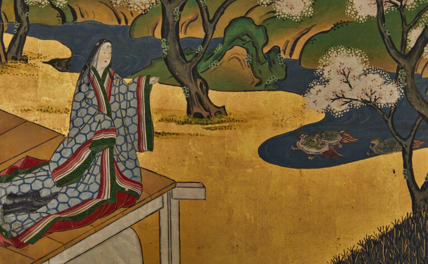 Japanese Six Panel Screen: Genji Court Scenes from the Tale of Genji