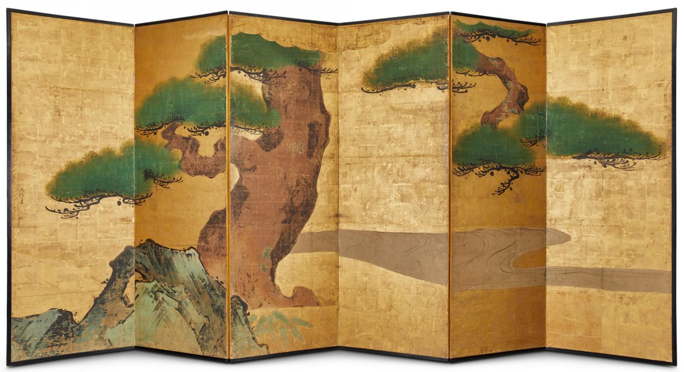 Japanese Six Panel Screen: Kano School Venerable Old Pine