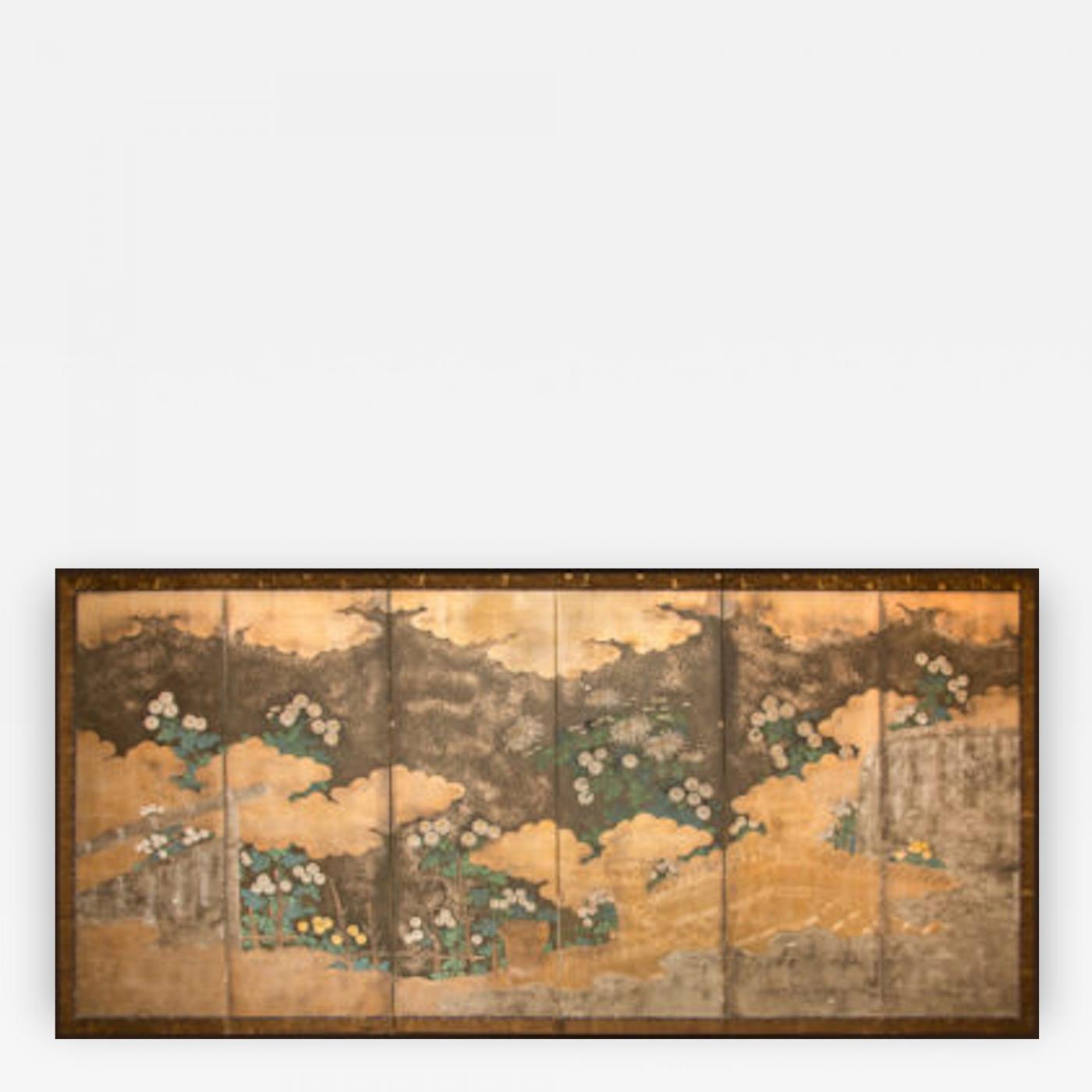Japanese Six Panel Screen: Rimpa School Chrysanthemums on Silver and Gold