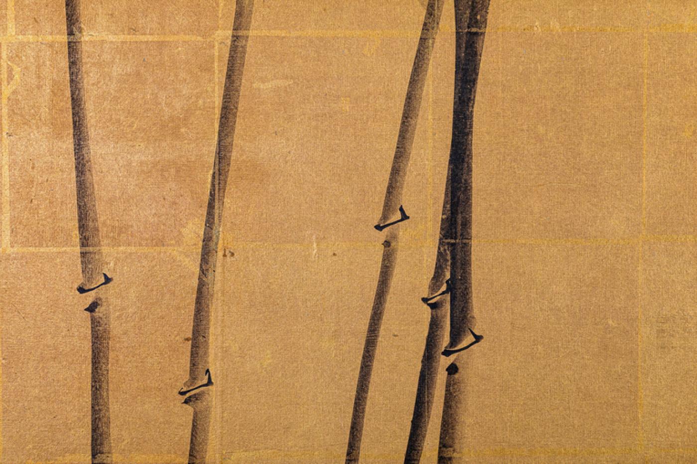 Japanese Two Panel Screen: Bamboo with Calligraphy Poem