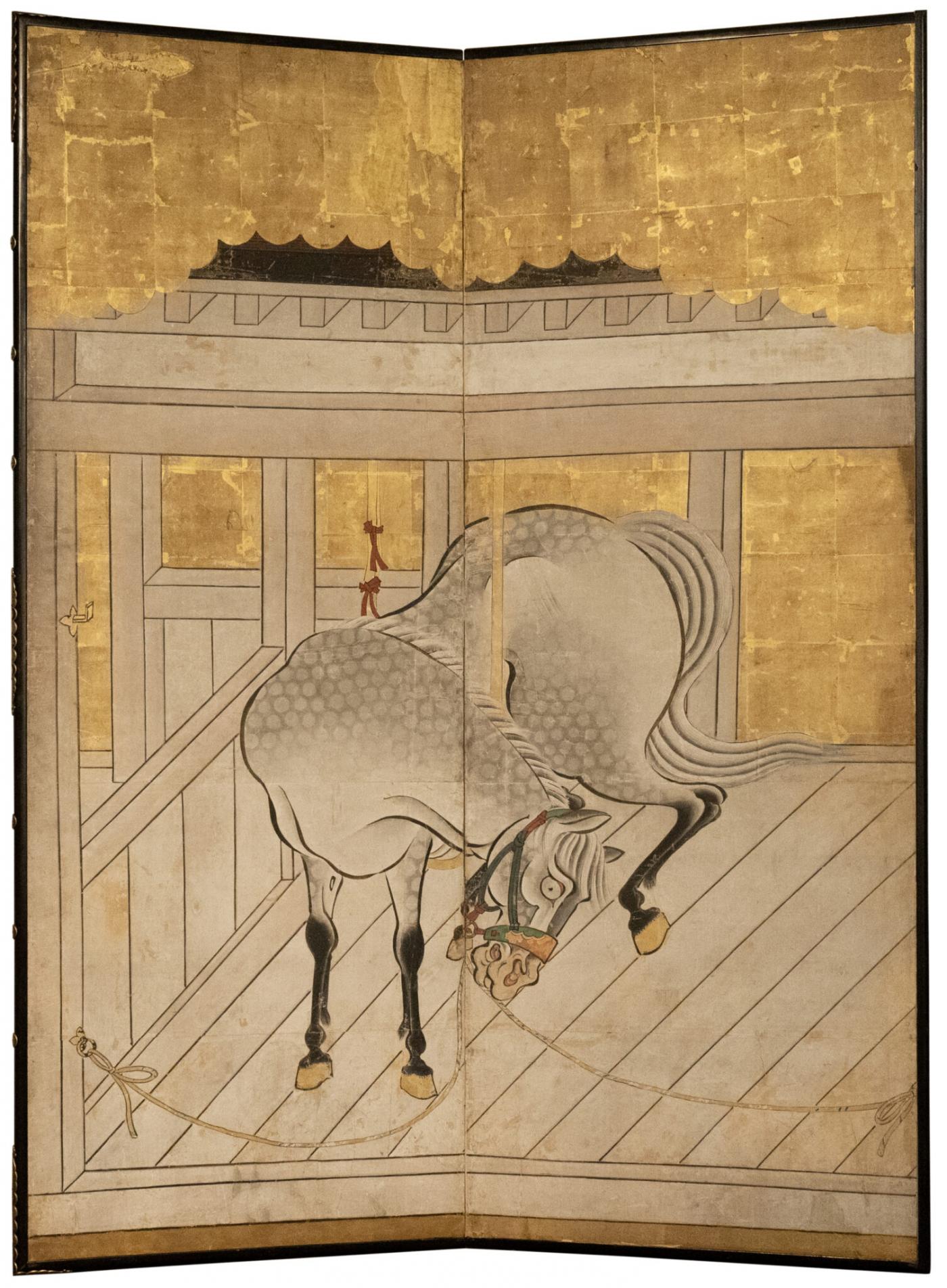 Japanese Two Panel Screen: Dappled Grey in Stable