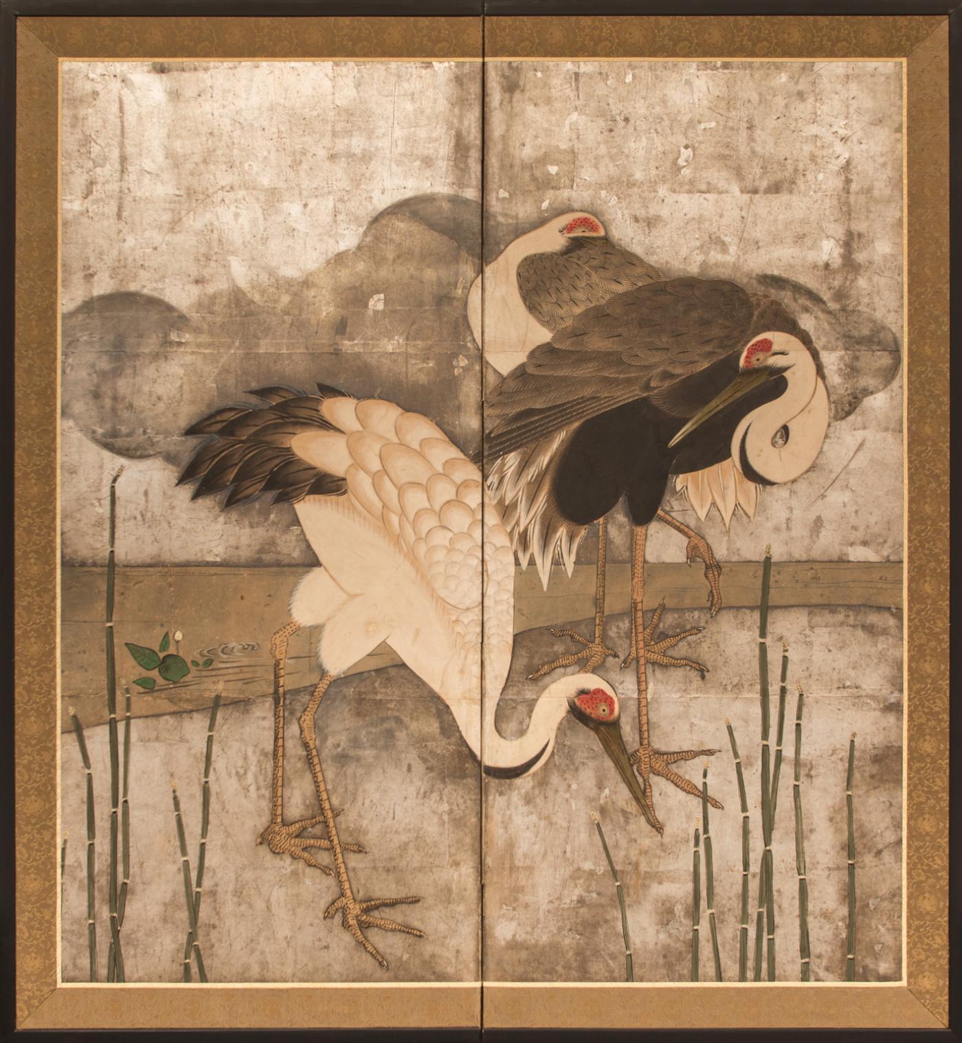 Japanese Two Panel Screen: Family of Storks at River's Edge