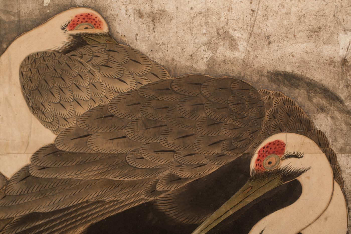 Japanese Two Panel Screen: Family of Storks at River's Edge