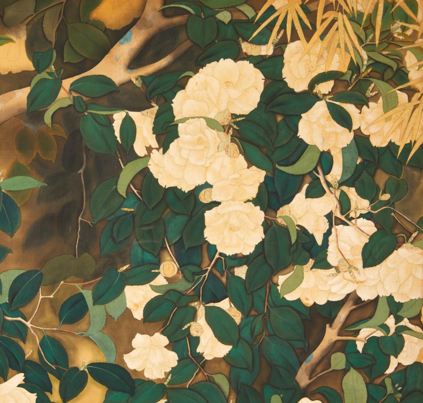 Japanese Two Panel Screen: Magnolia Tree in Bloom