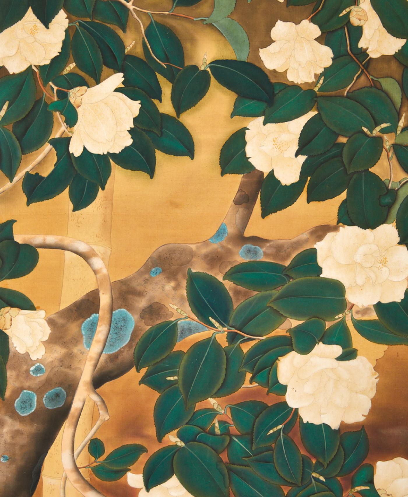 Japanese Two Panel Screen: Magnolia Tree in Bloom
