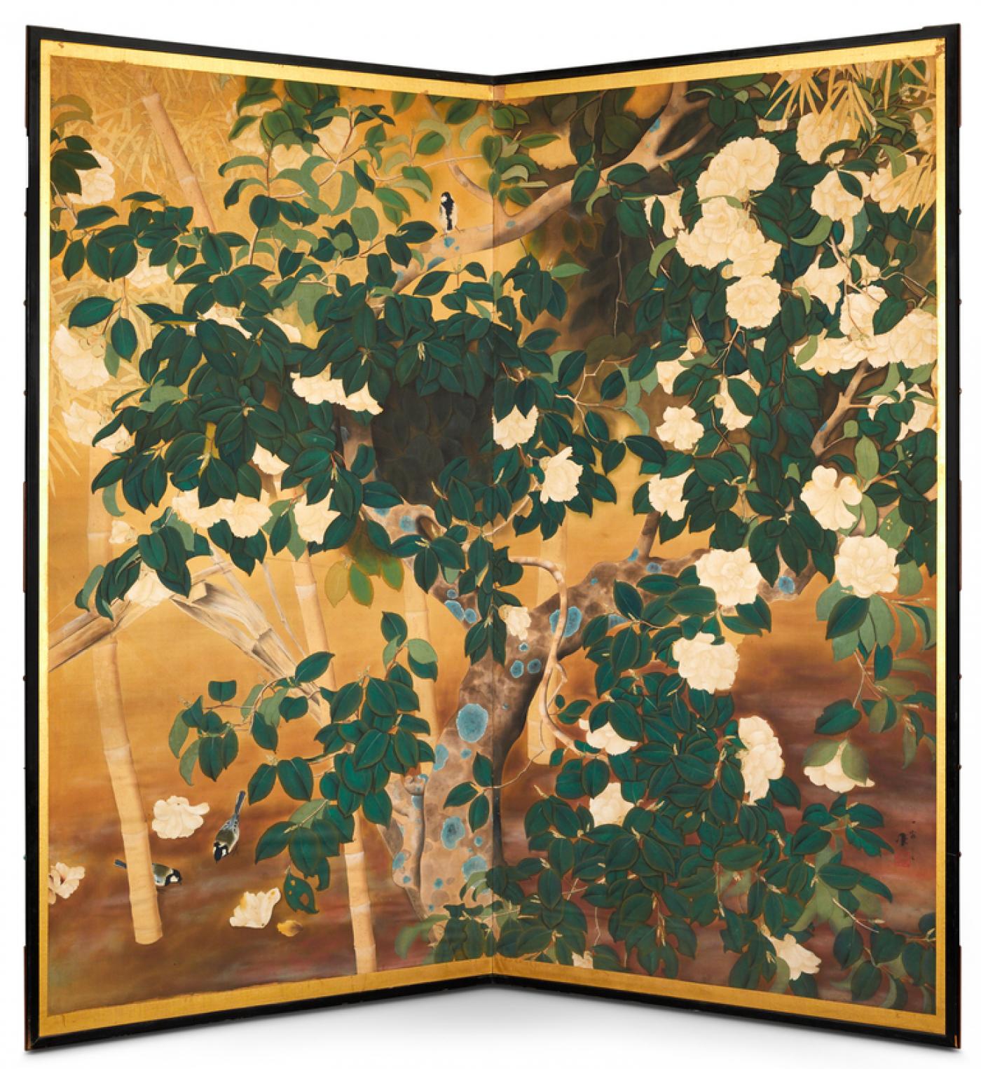 Japanese Two Panel Screen: Magnolia Tree in Bloom