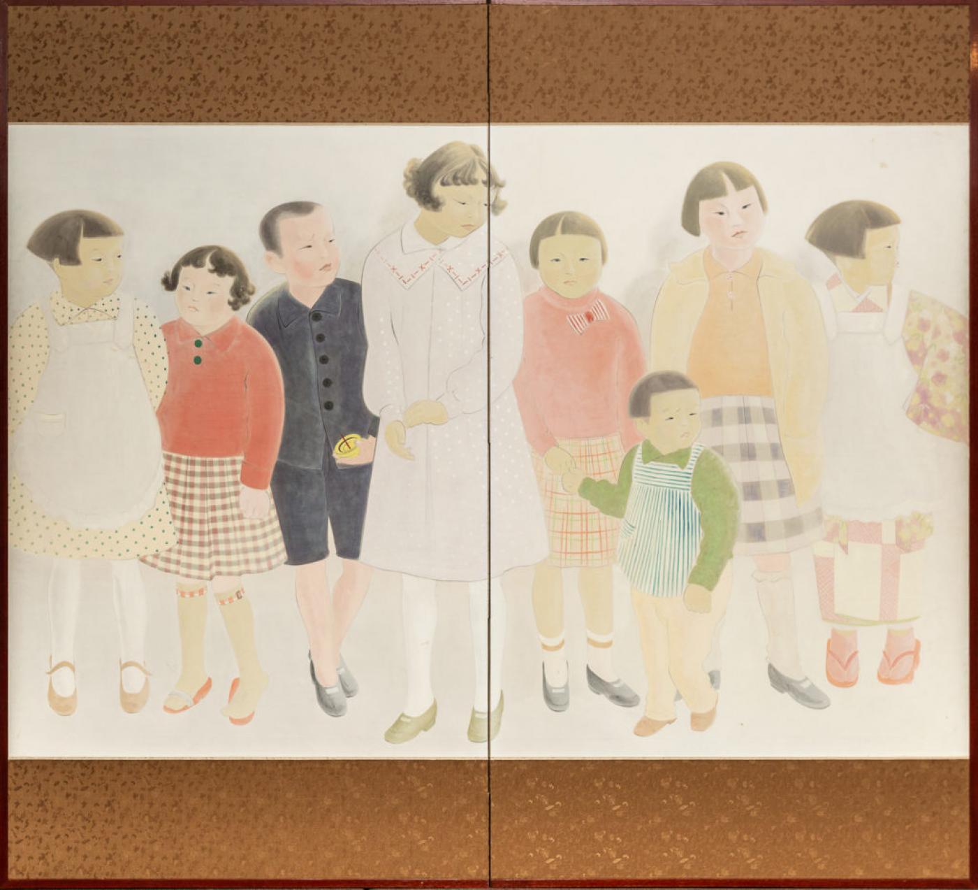 Japanese Two Panel Screen: Nihonga Style Painting of Children in ...