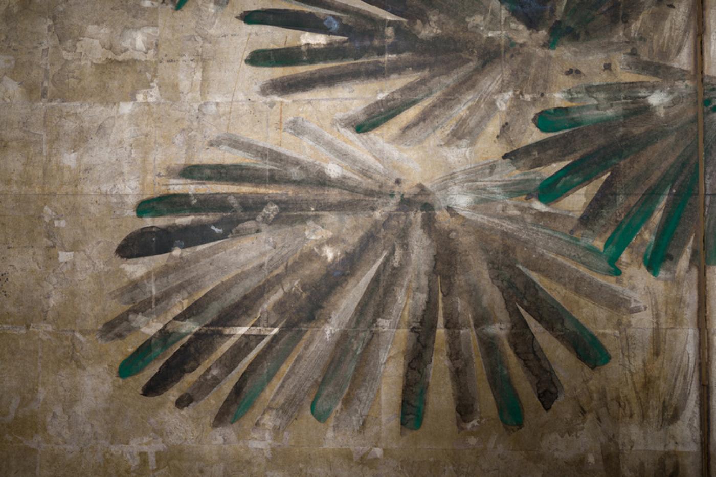 Japanese Two Panel Screen: Palms on Silver