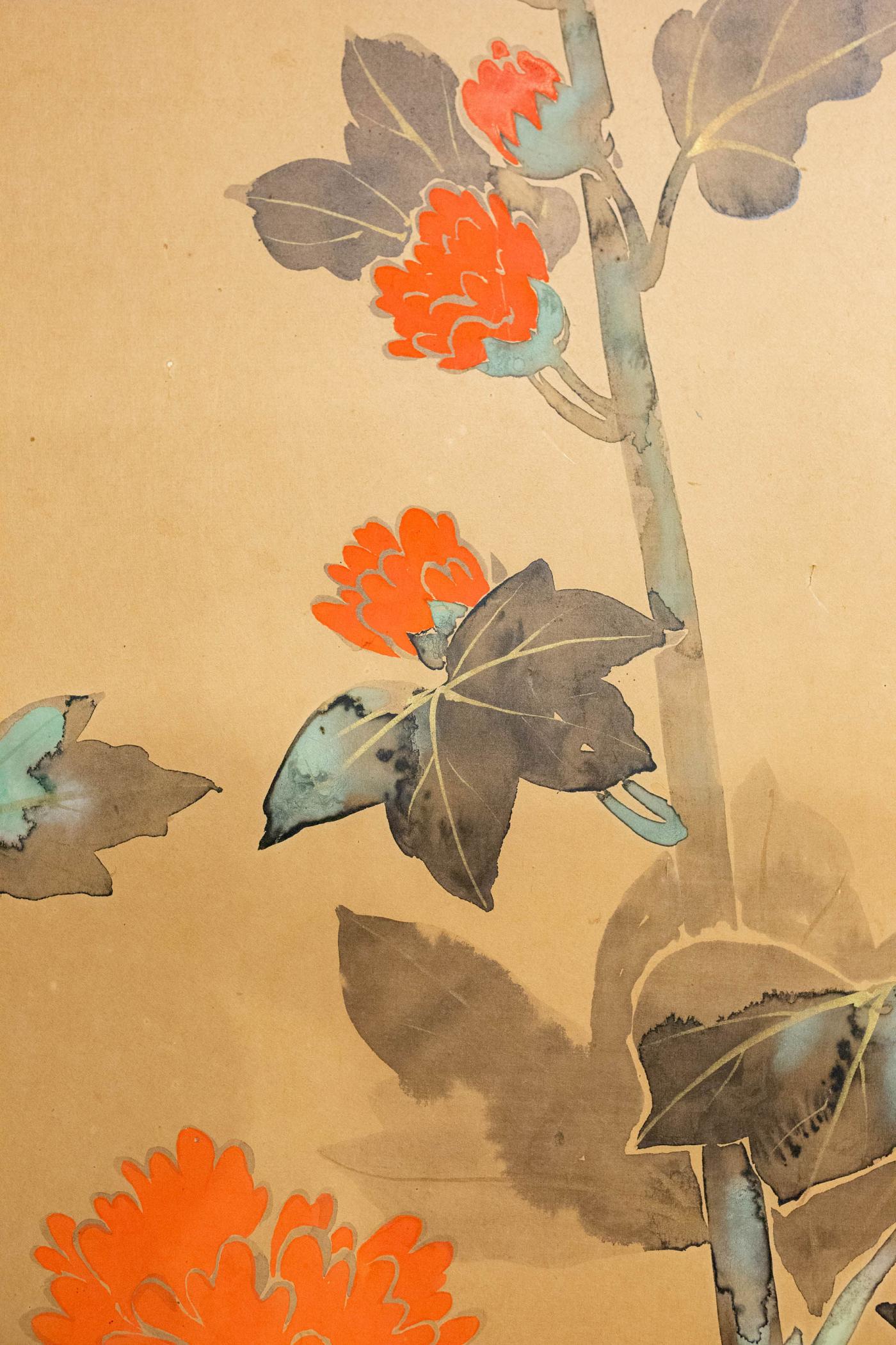 Japanese Two Panel Screen: Rimpa Style Painting of Hollyhocks