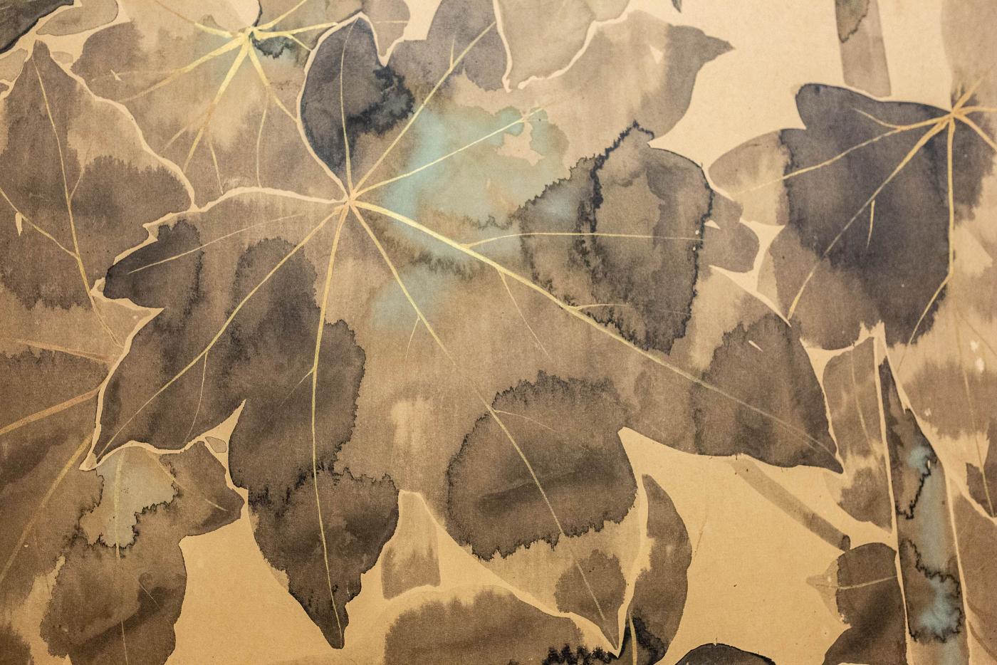 Japanese Two Panel Screen: Rimpa Style Painting of Hollyhocks